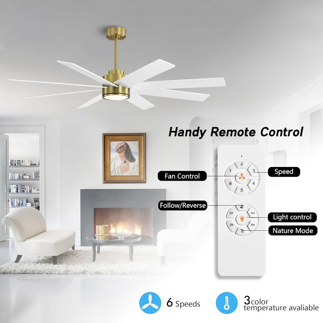 MLIAN 60-in White/Gold with White Blades Ceiling Fan With Light 8 ...