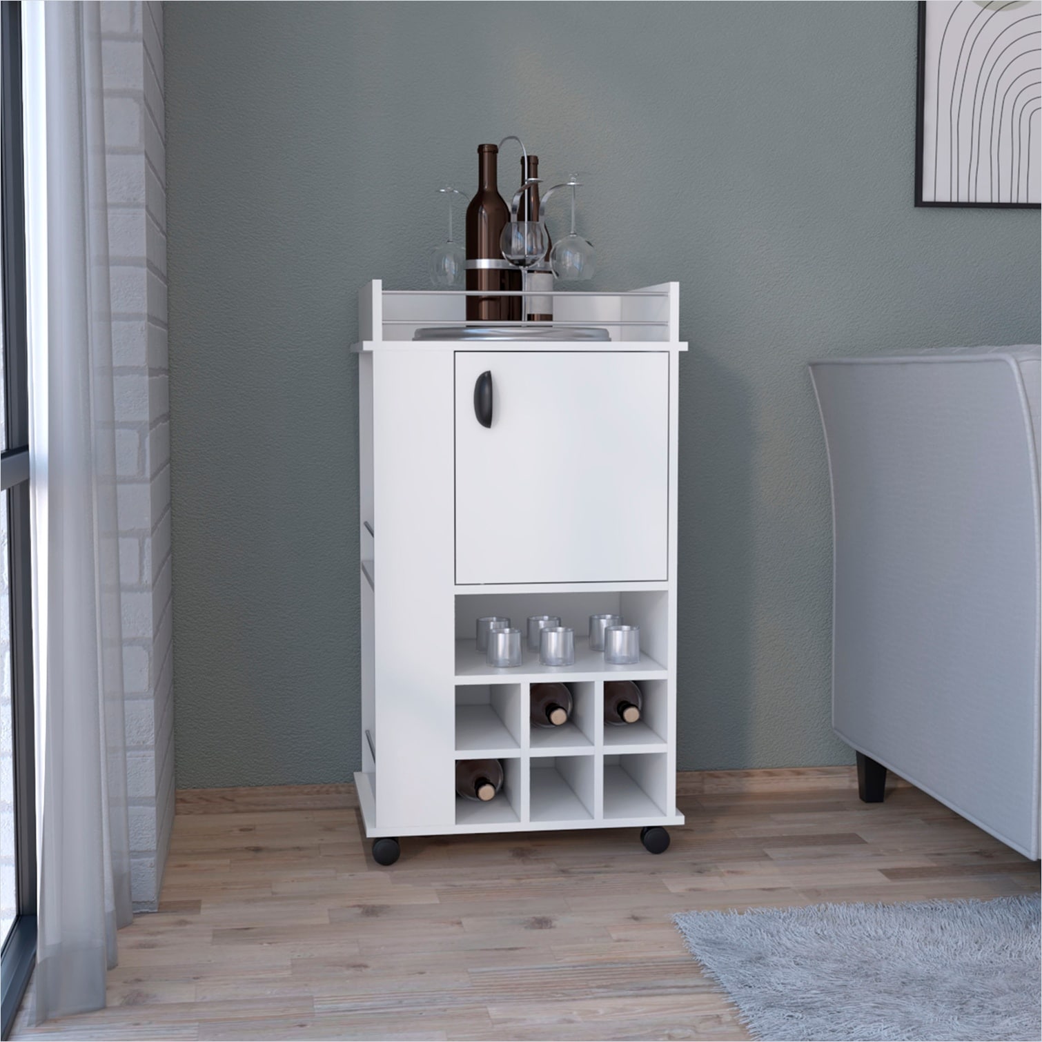 Naturefalls Soft White Kitchen Bar Cart with Built-in 6-Bottle Wine ...
