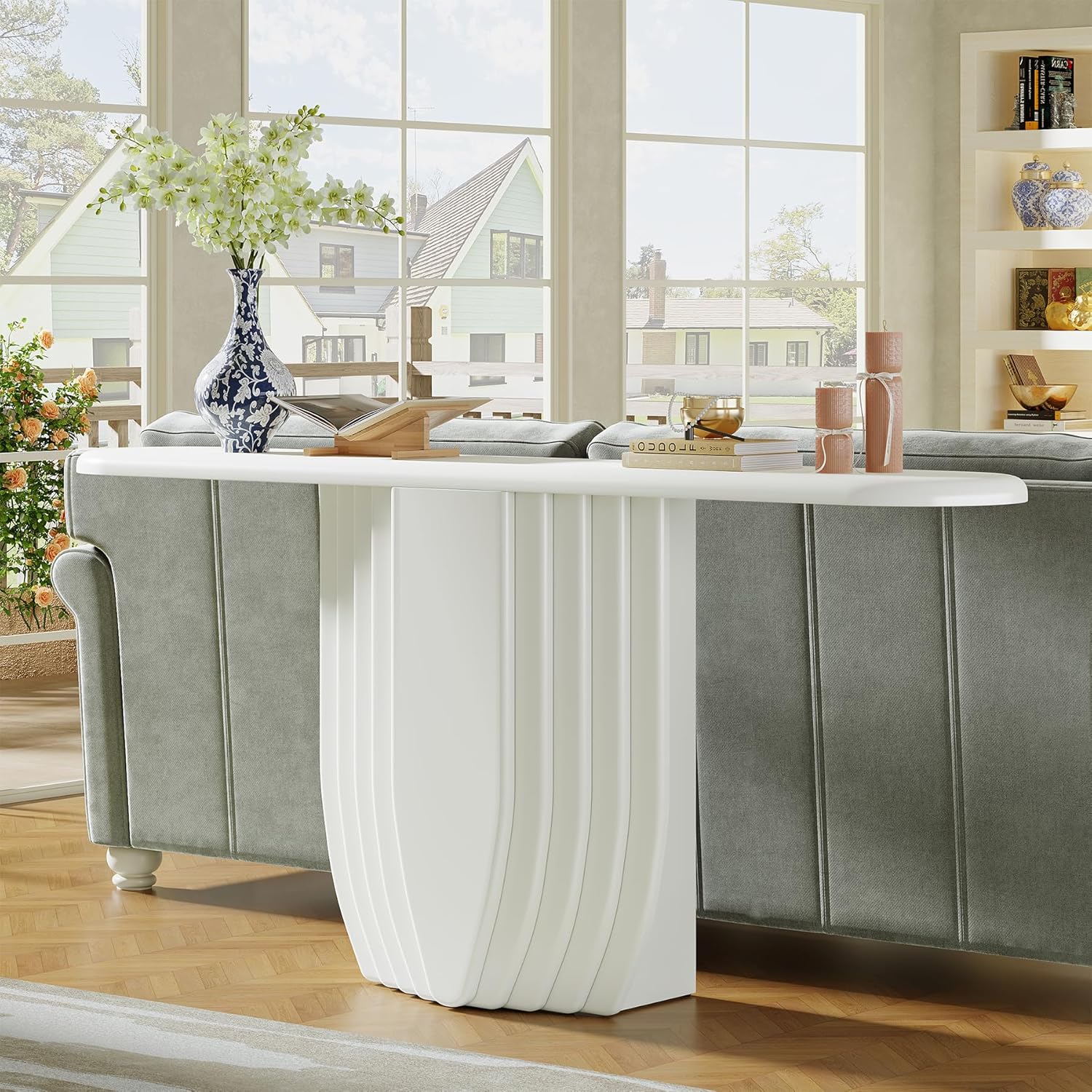 Tribesigns 63 inch W Modern White Console Table with Geometric Base for ...