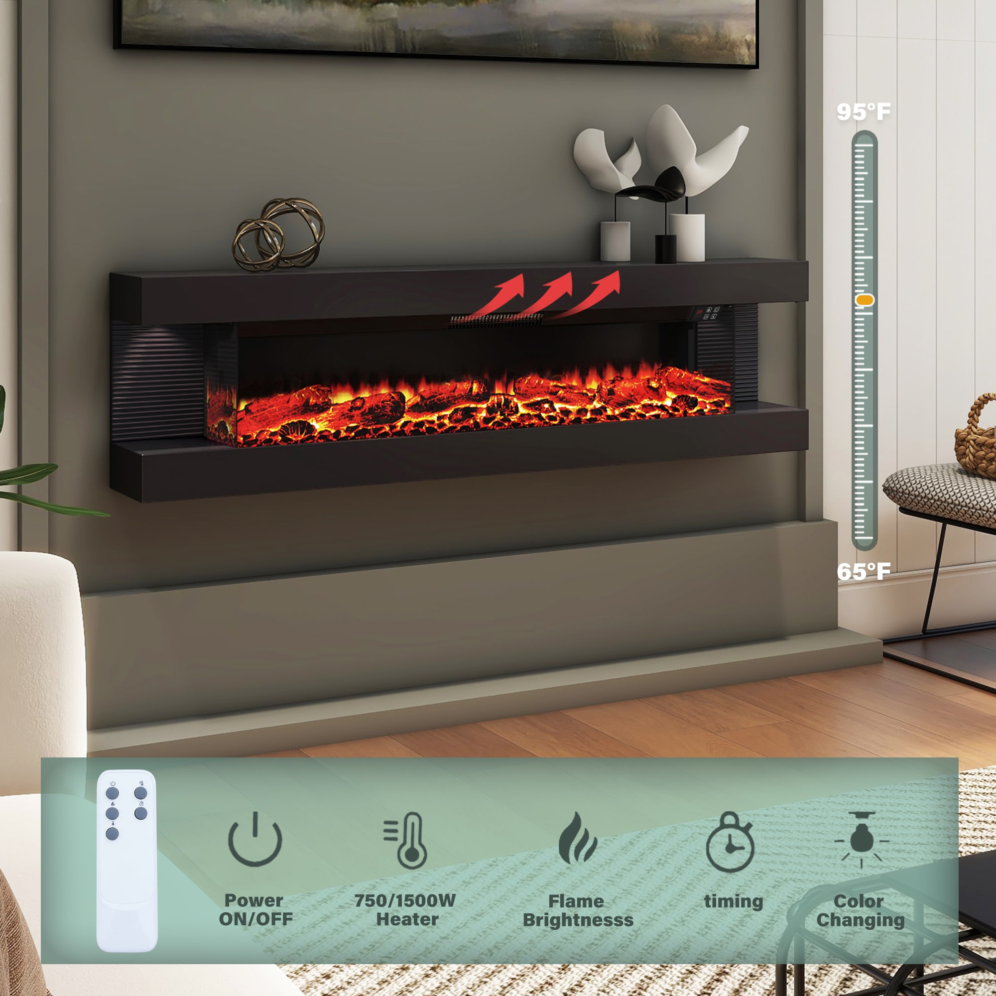 Mondawe 60-in W Black-3 Sided Wall mount Fan-forced Electric Fireplace ...