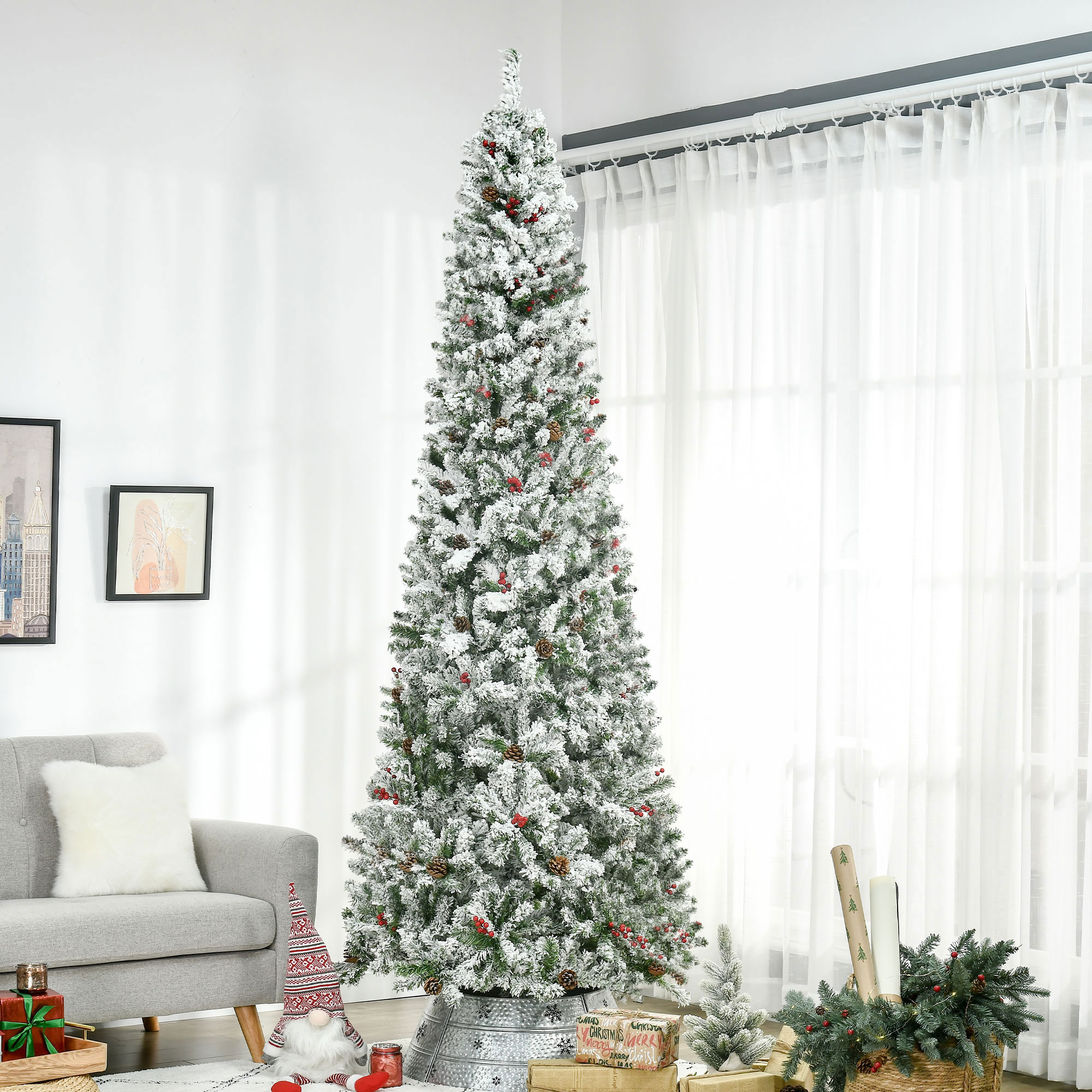 HomCom 9 Foot Pencil Snow Flocked Artificial Christmas Tree with Pine ...