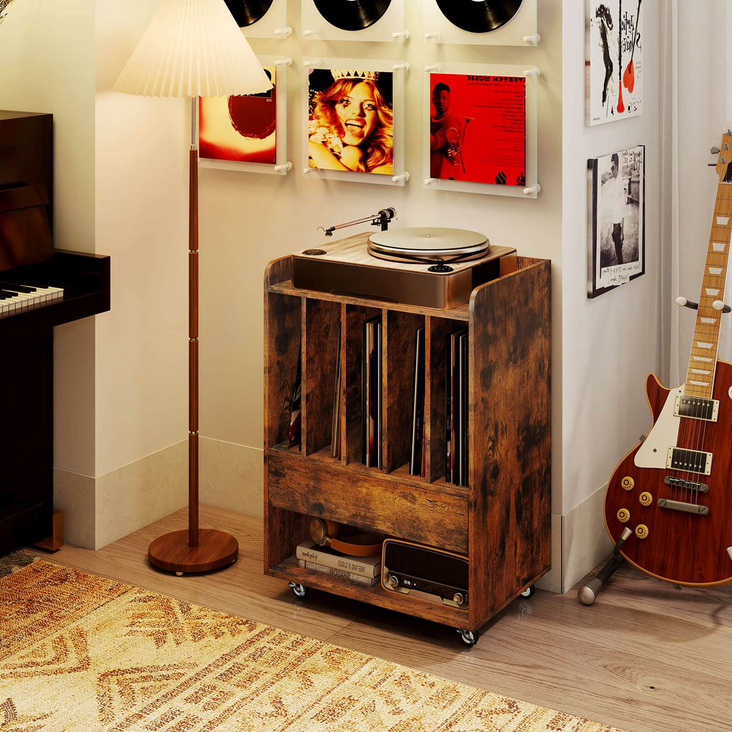 Costway Record Player Stand with Drawer and Record Holder Lockable ...