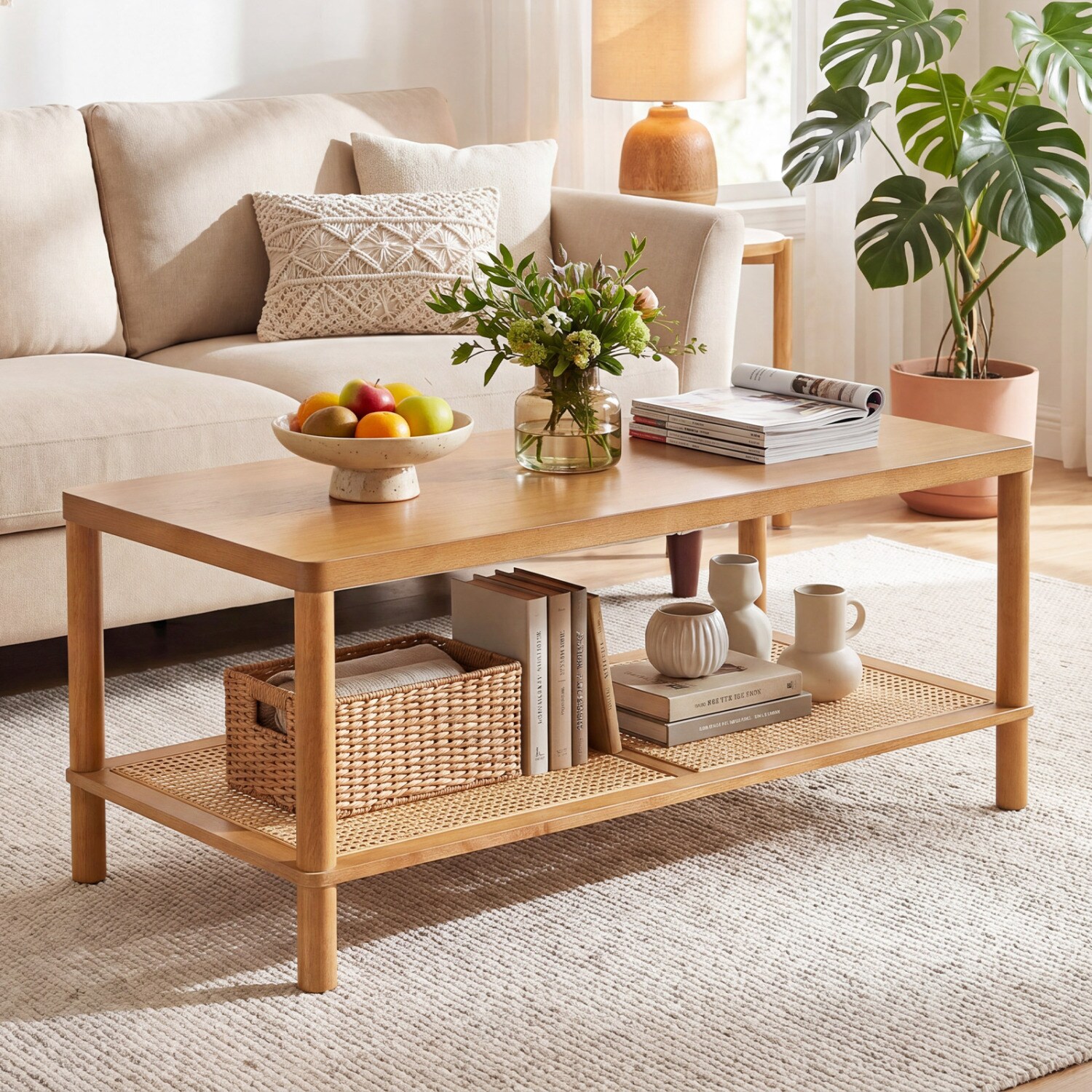 Slickblue Rubber Wood PVC Rattan Modern Rectangular Coffee Table with ...