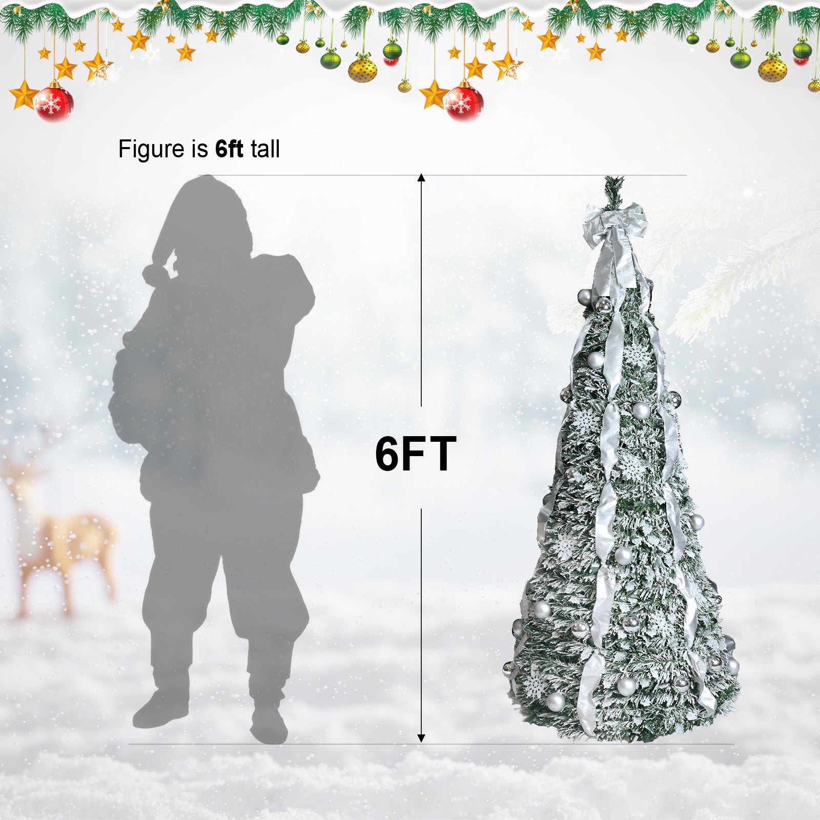 Boyel Living 6 ft. Flocked Pop Up Christmas Tree Pre Lit with 150 Warm ...
