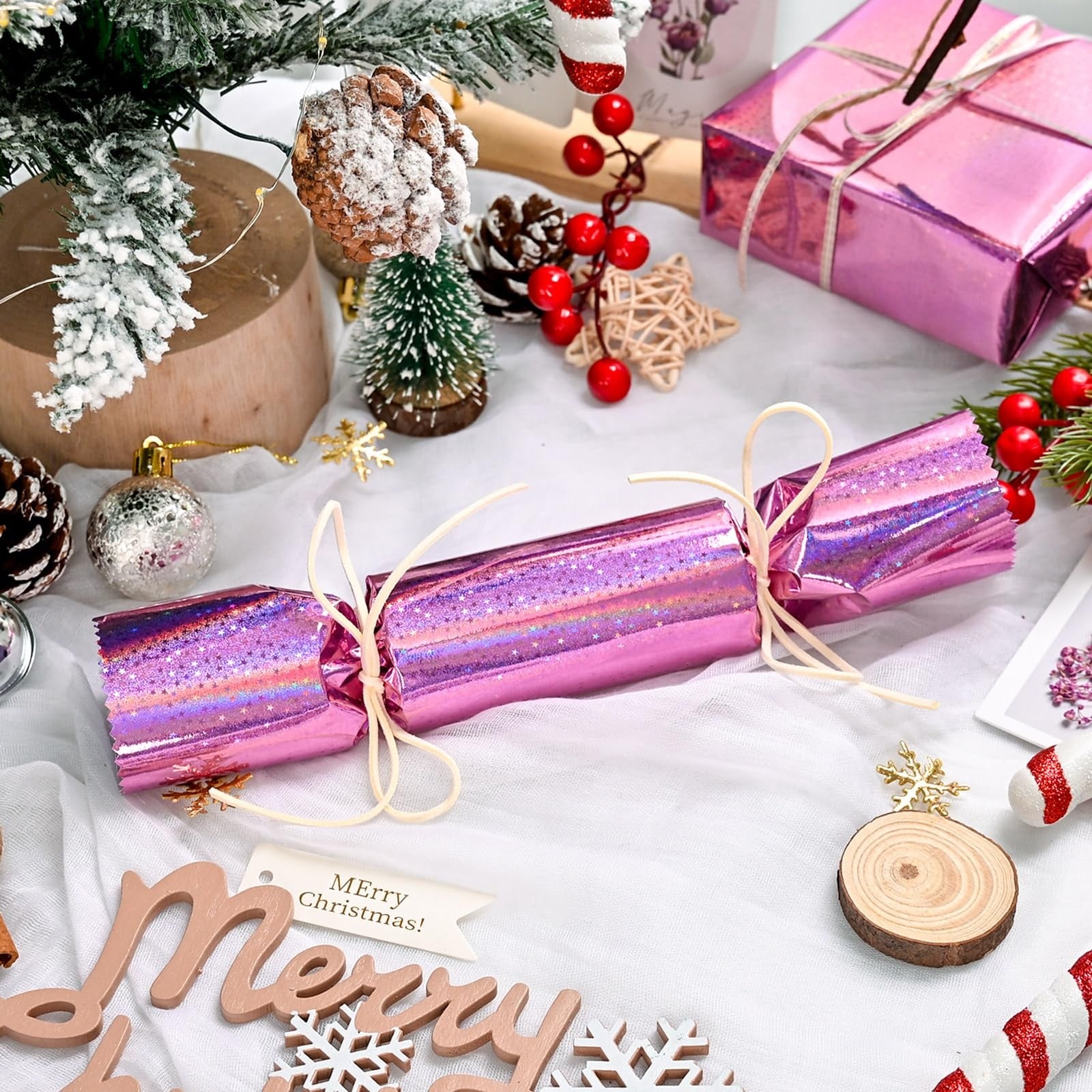 Afoxsos Pink Wrapping Paper Roll Metallic Holographic Star Reversible ...