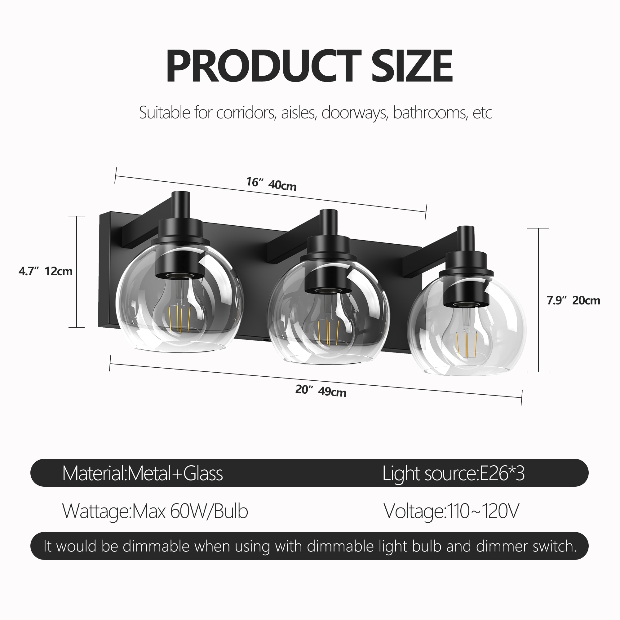DIKAIDA Bathroom Light Fixtures 3-Light Matte Black Vanity Light Modern ...