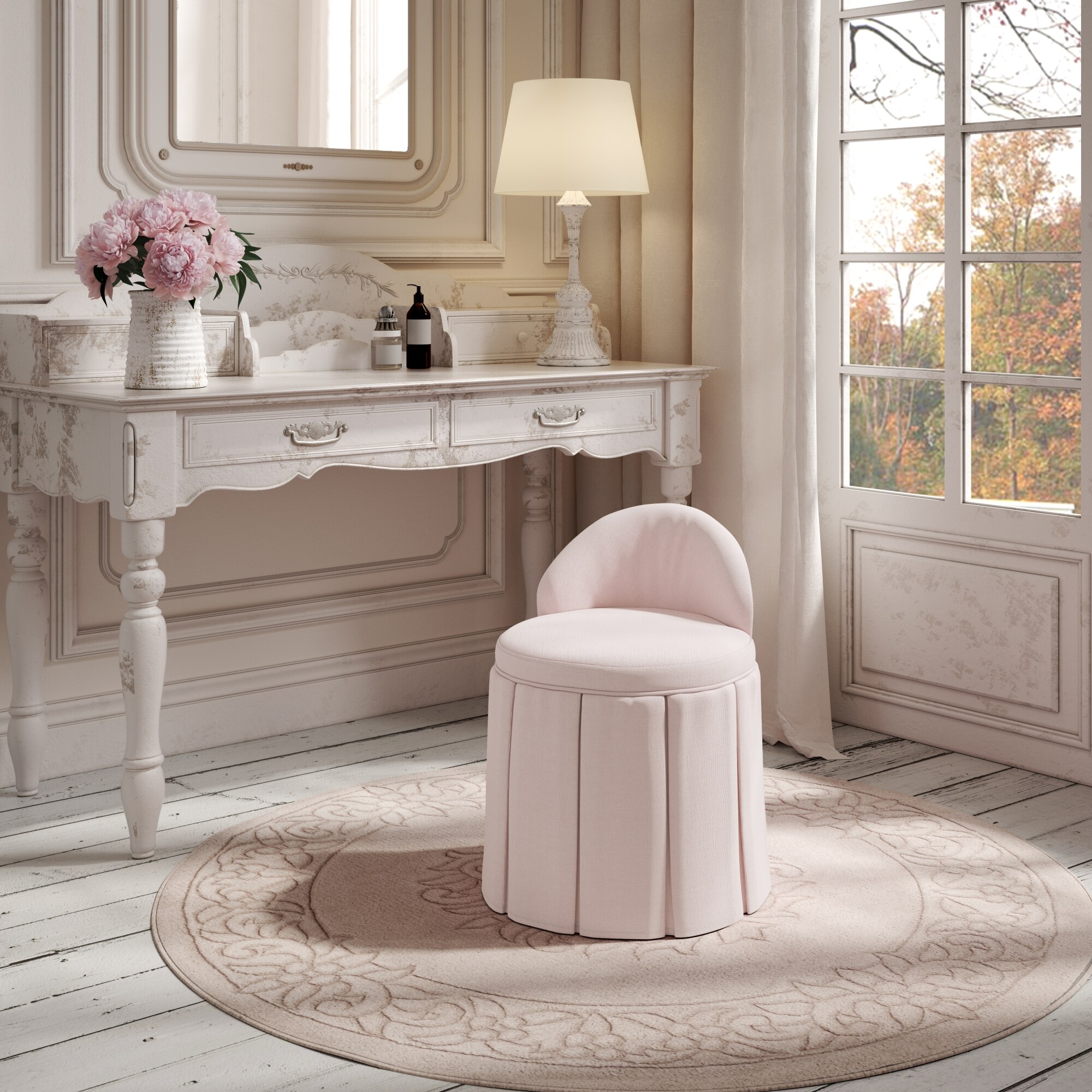 Rustic Manor 23.6 in H Light Pink Round Makeup Vanity Stool SVS241 03PK LS at Lowes