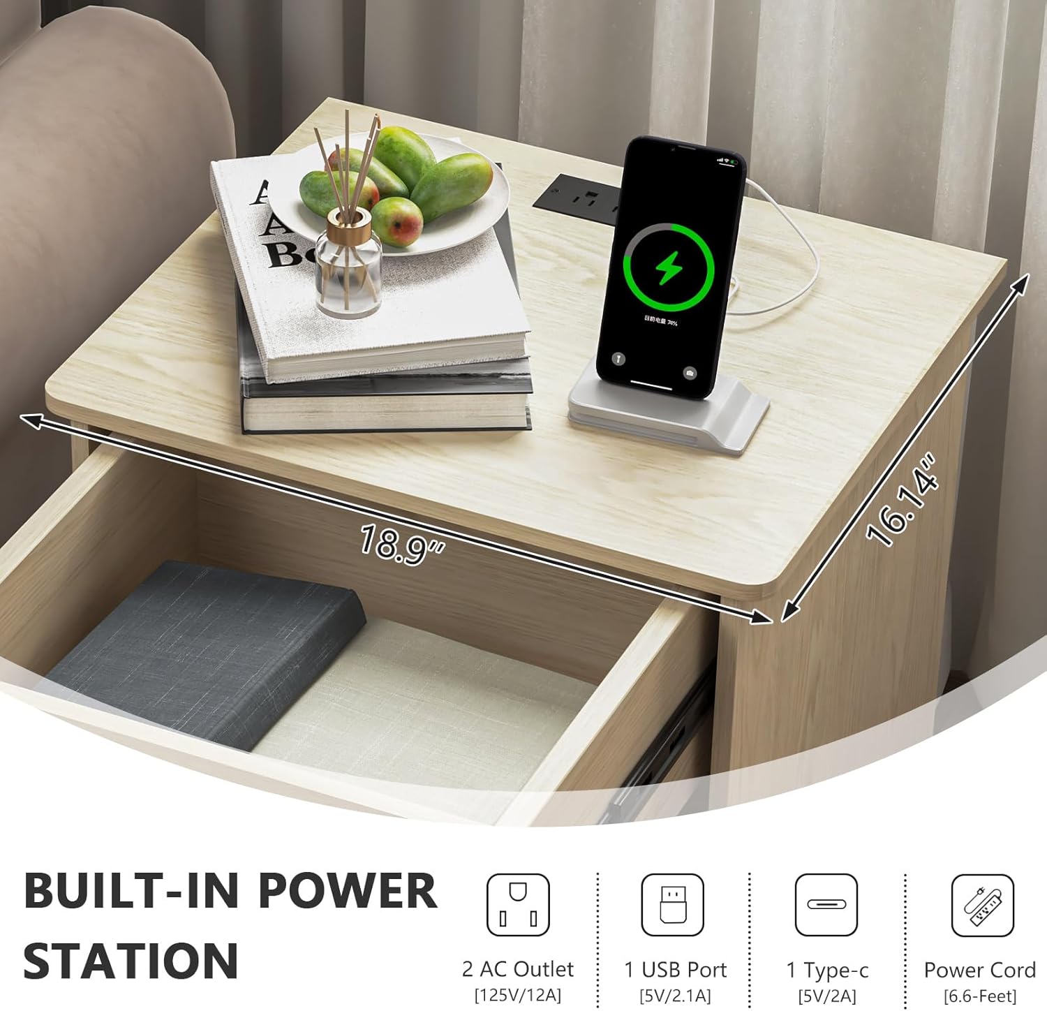 CIPACHO Natural Wooden Night Stand with Charger Station USB-C AC Ports ...