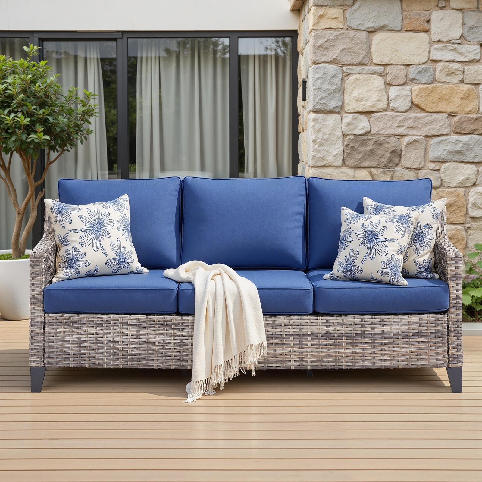 LUXEYARD 73.2in Outdoor Patio Sofa 3-Seat Gray Rattan Couch with Blue ...