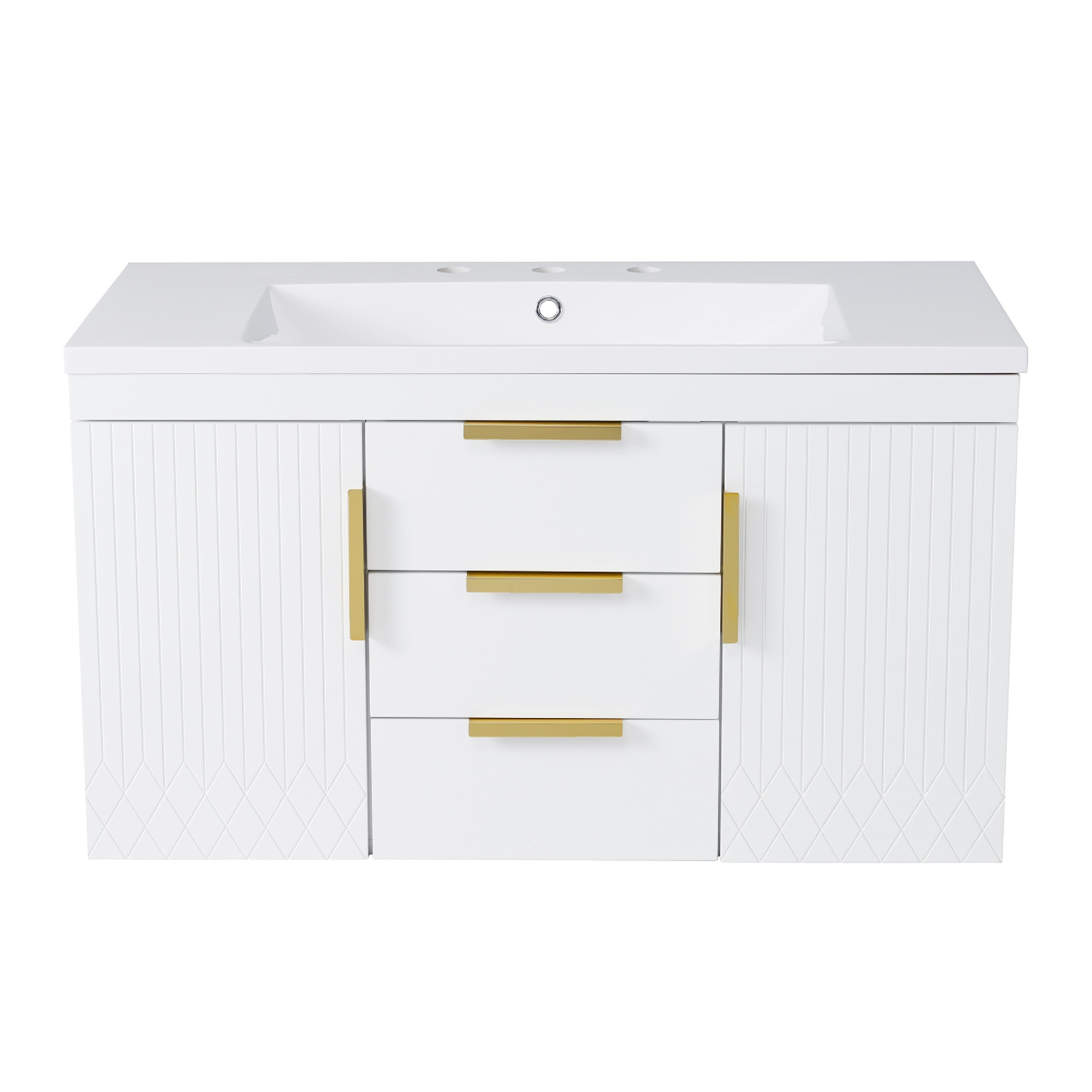Benzara Jayz Floating Vanity with Sink Gold Accents White Textured Wood ...