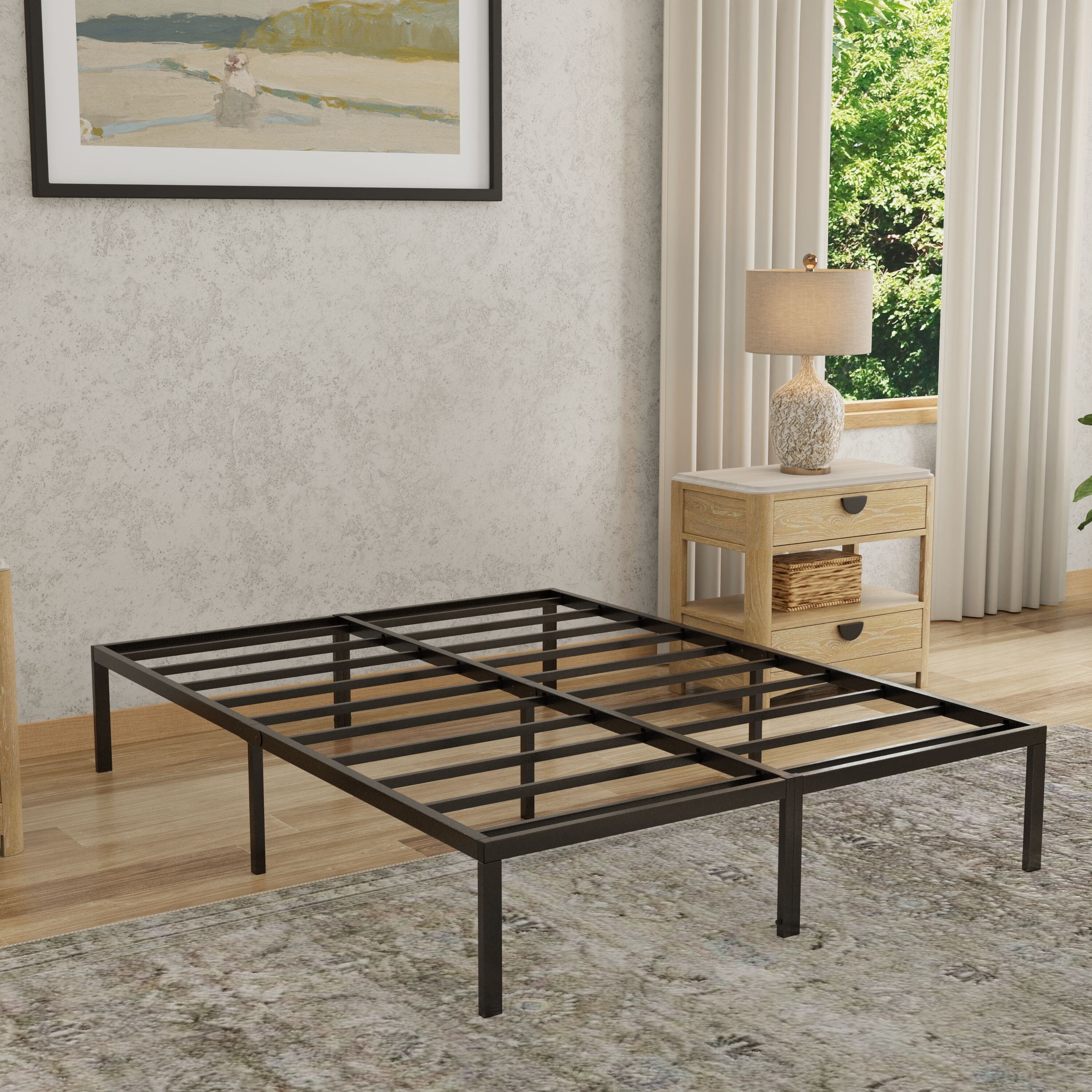 Blisstyle Heavy Duty Queen Steel Black Platform Foundation Modern Bed ...