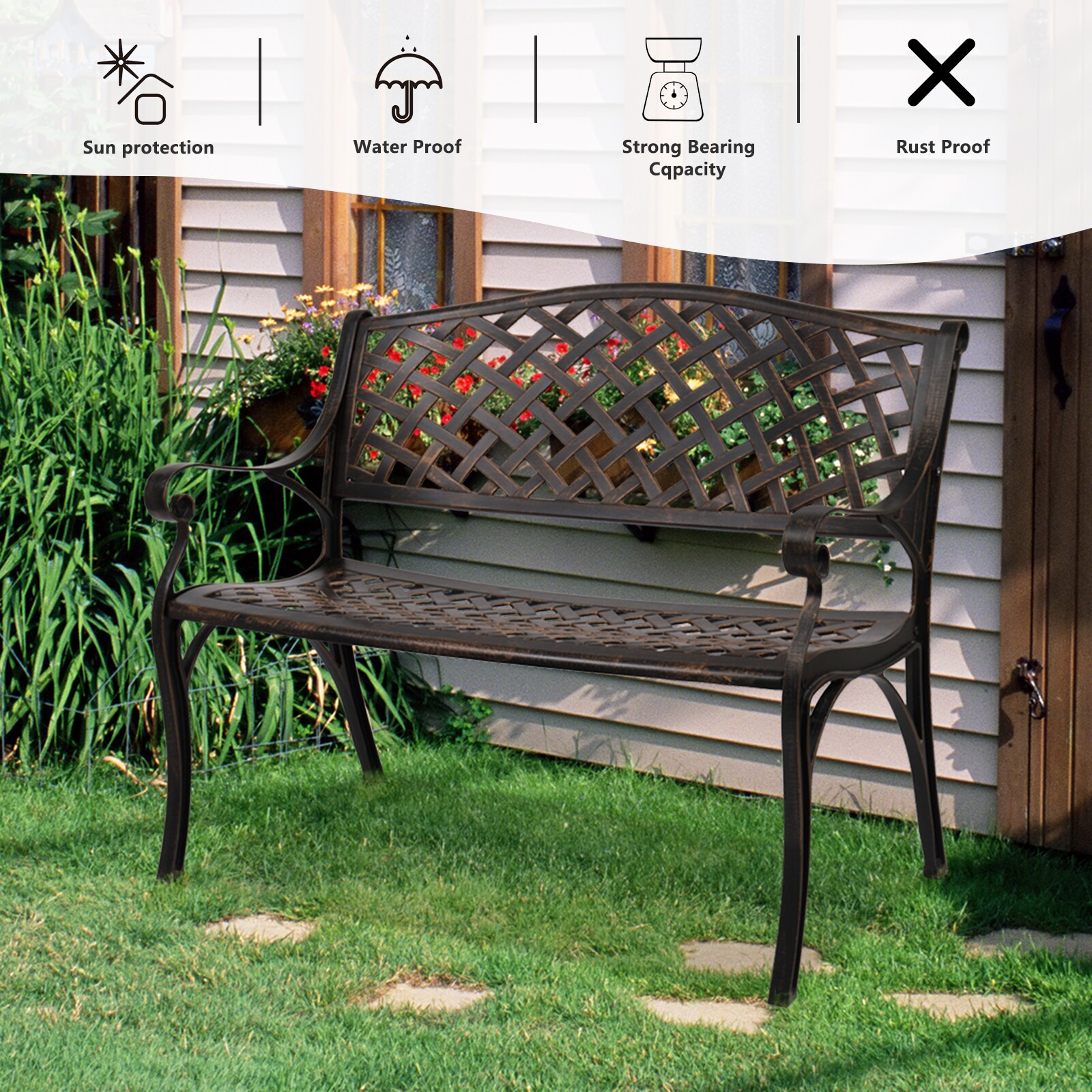 VINGLI 40.5W x 32.6H Brown Anti-Rust 2-seater Patio Garden Bench in the ...