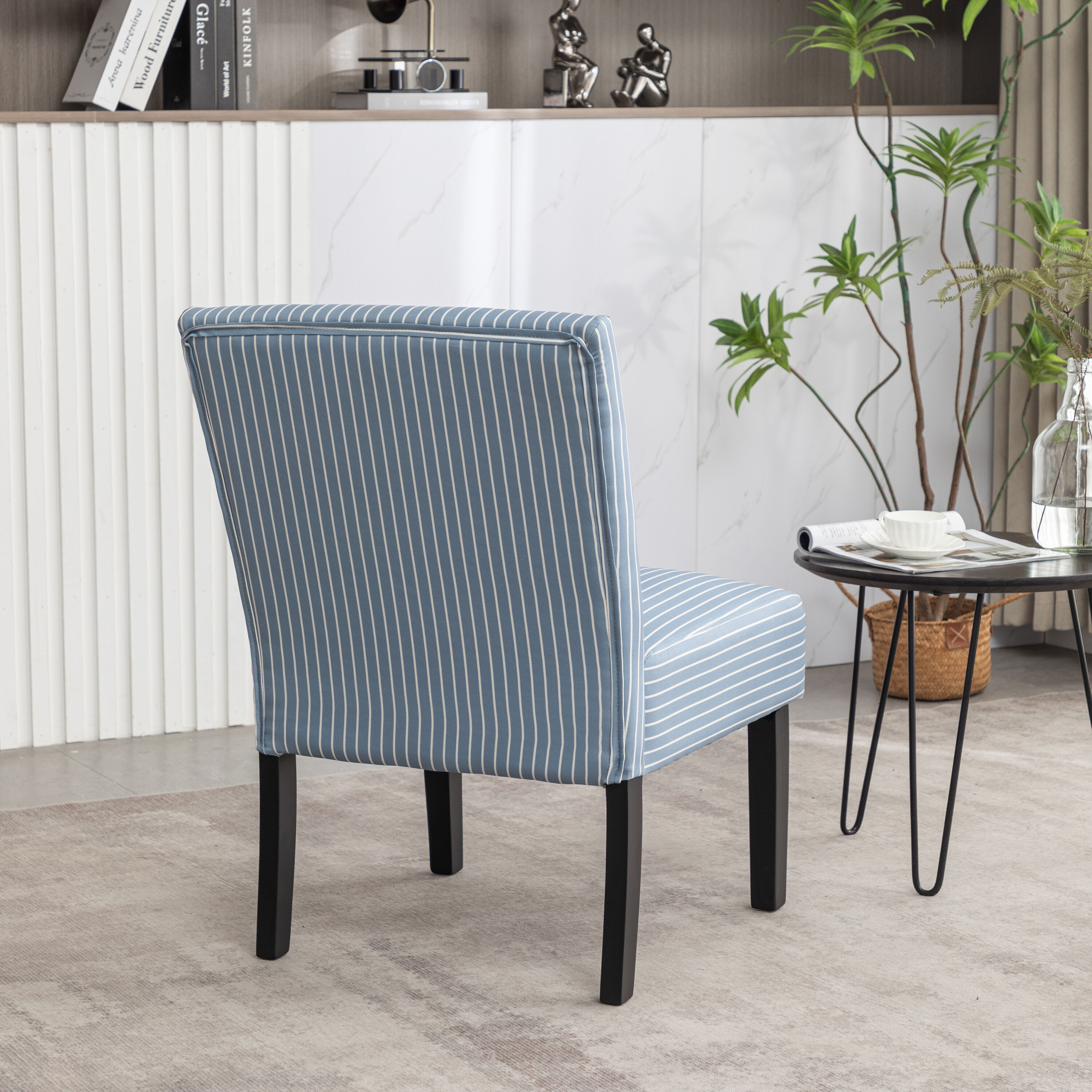GDFStudio Upholstered Slipper Accent Chair in Blue Stripe Solid ...