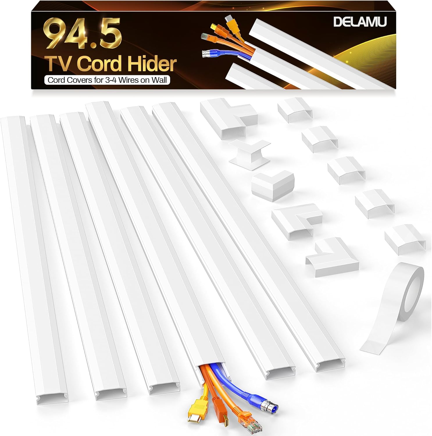 Delamu Large TV Cord Hider Wall 94.5in Cord Covers for 3-4 Wires on ...