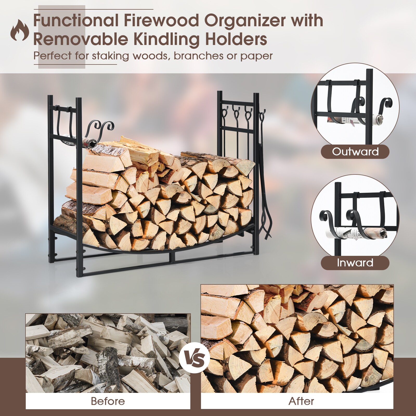 Slickblue 30 Inch H x 36 Inch W x 13 Inch D Black Steel Firewood Rack ...