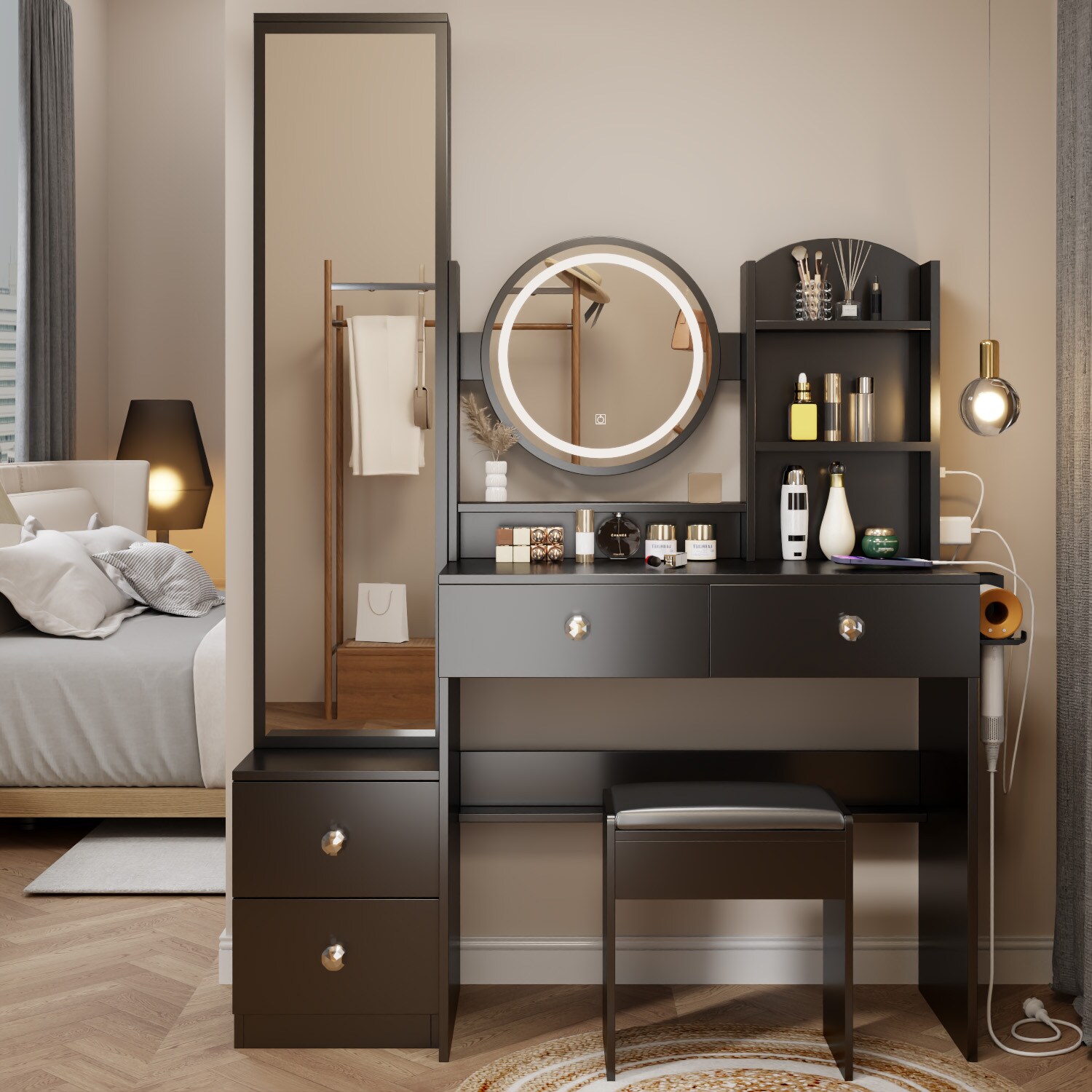 Full Body Mirror Cabinet and Round Mirror LED Vanity Table Finished ...
