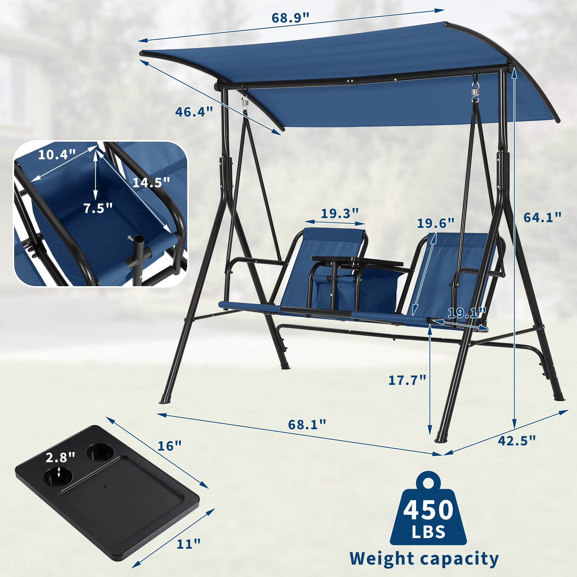 GarveeLife 2-Person Porch Swing with Cup Holders Pivot Storage Table ...