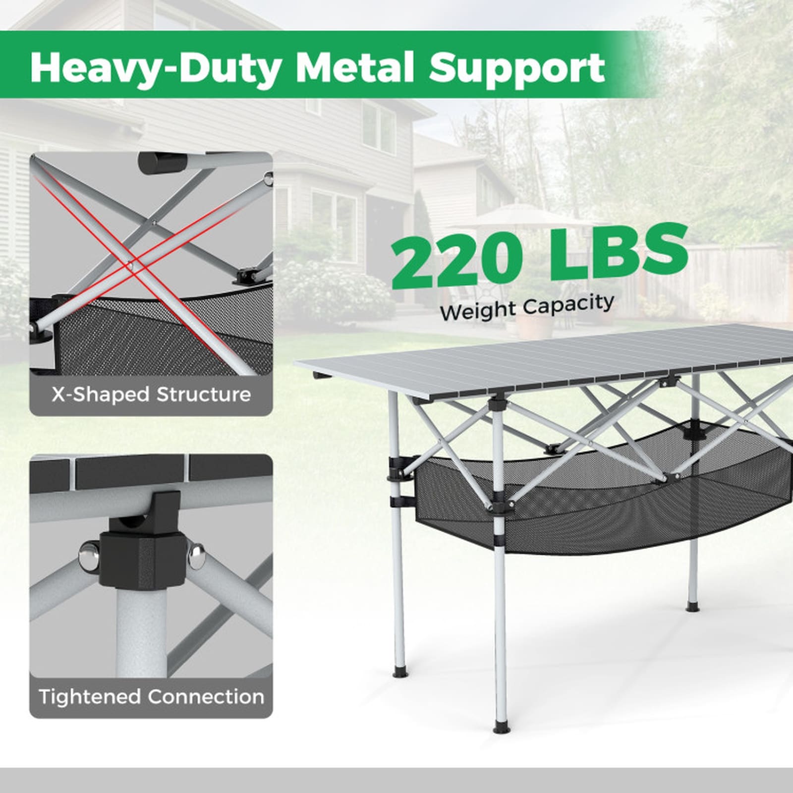SUGIFT 47-in Patio Folding Camping Table with Roll-up Aluminum Tabletop ...