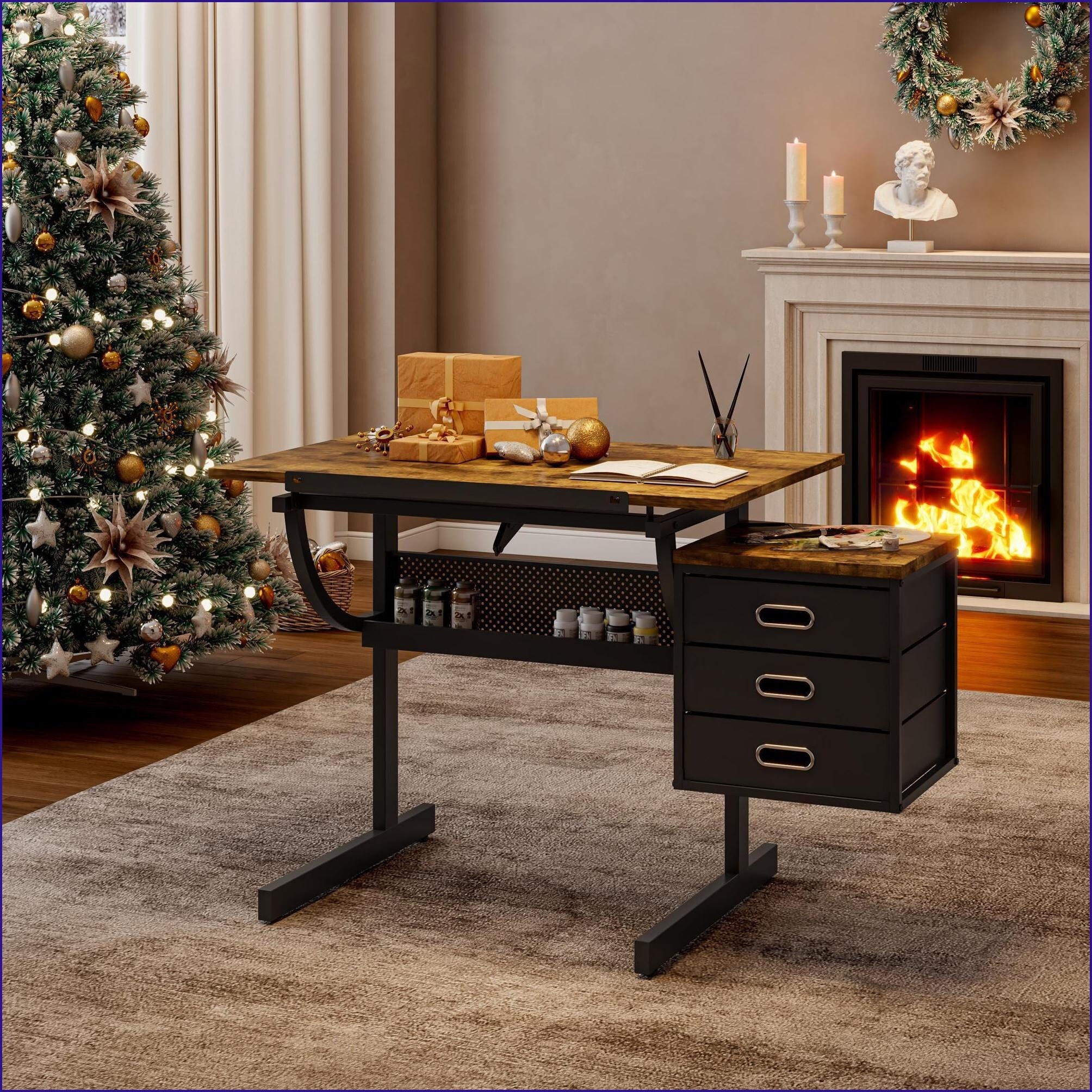 Watnature Black Drafting Drawing Table with 3 Drawers amp Stool ...