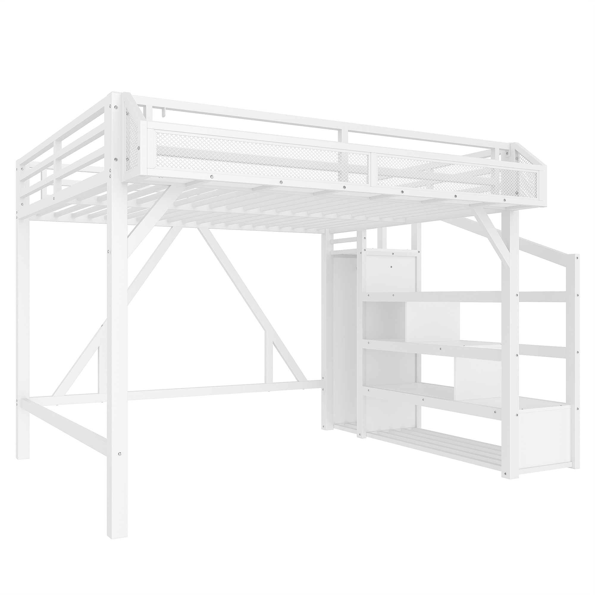 Bellemave White Queen Size Metal Loft Bed with Integrated Wardrobe ...