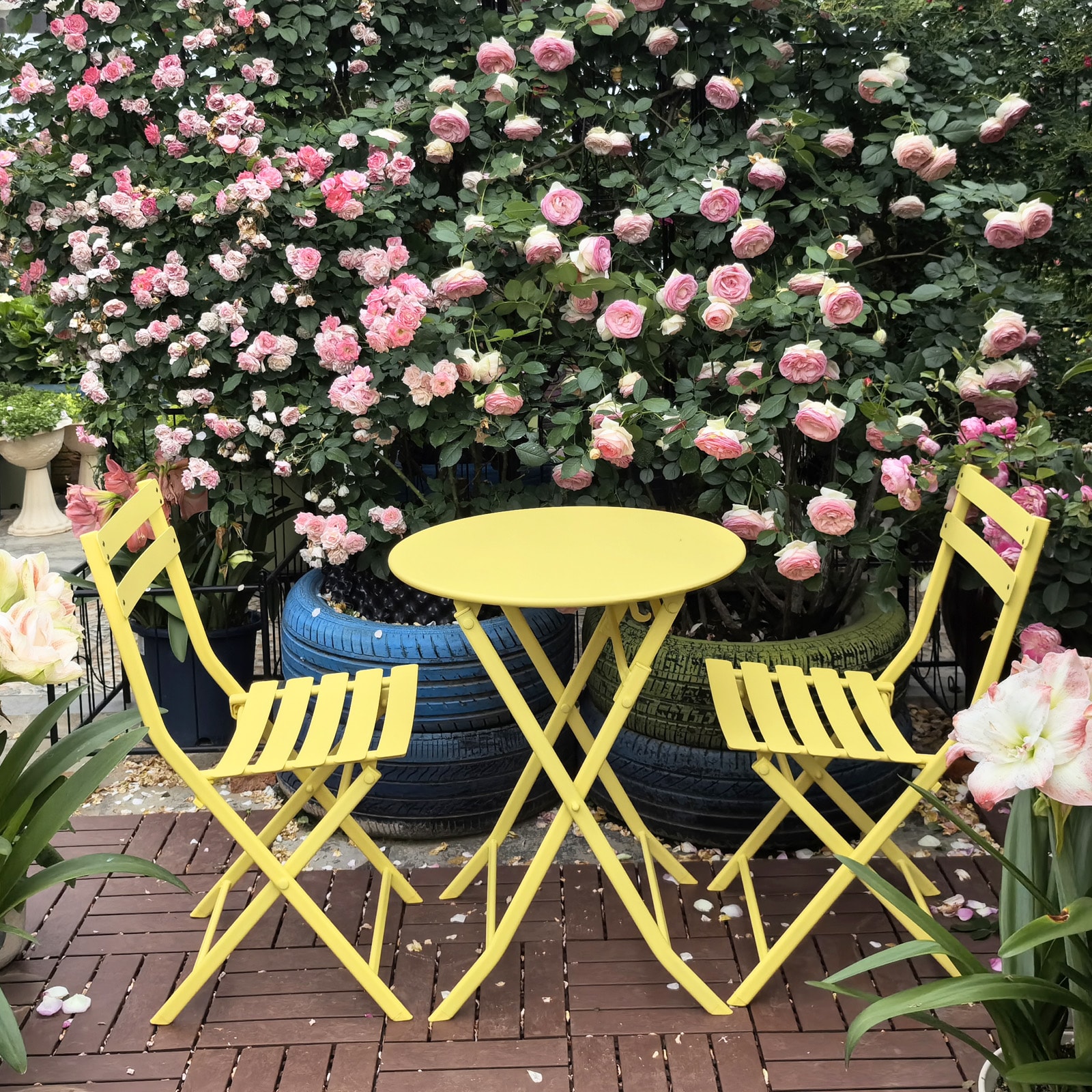 LOVMOR 3 Piece Patio Bistro Set of Foldable Round Table and Chairs ...