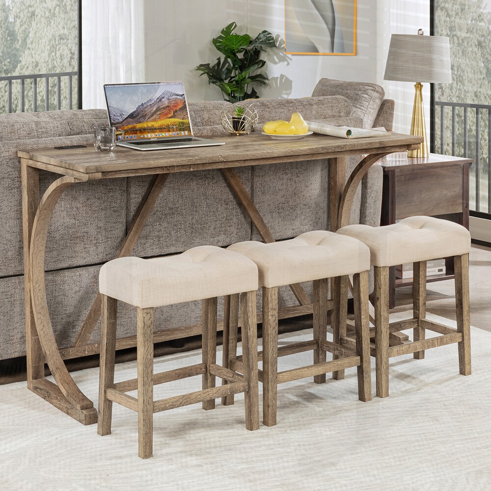 SunJet 4-Piece Brown Bar Table Set with Power USB Type-C Outlets and 3 ...