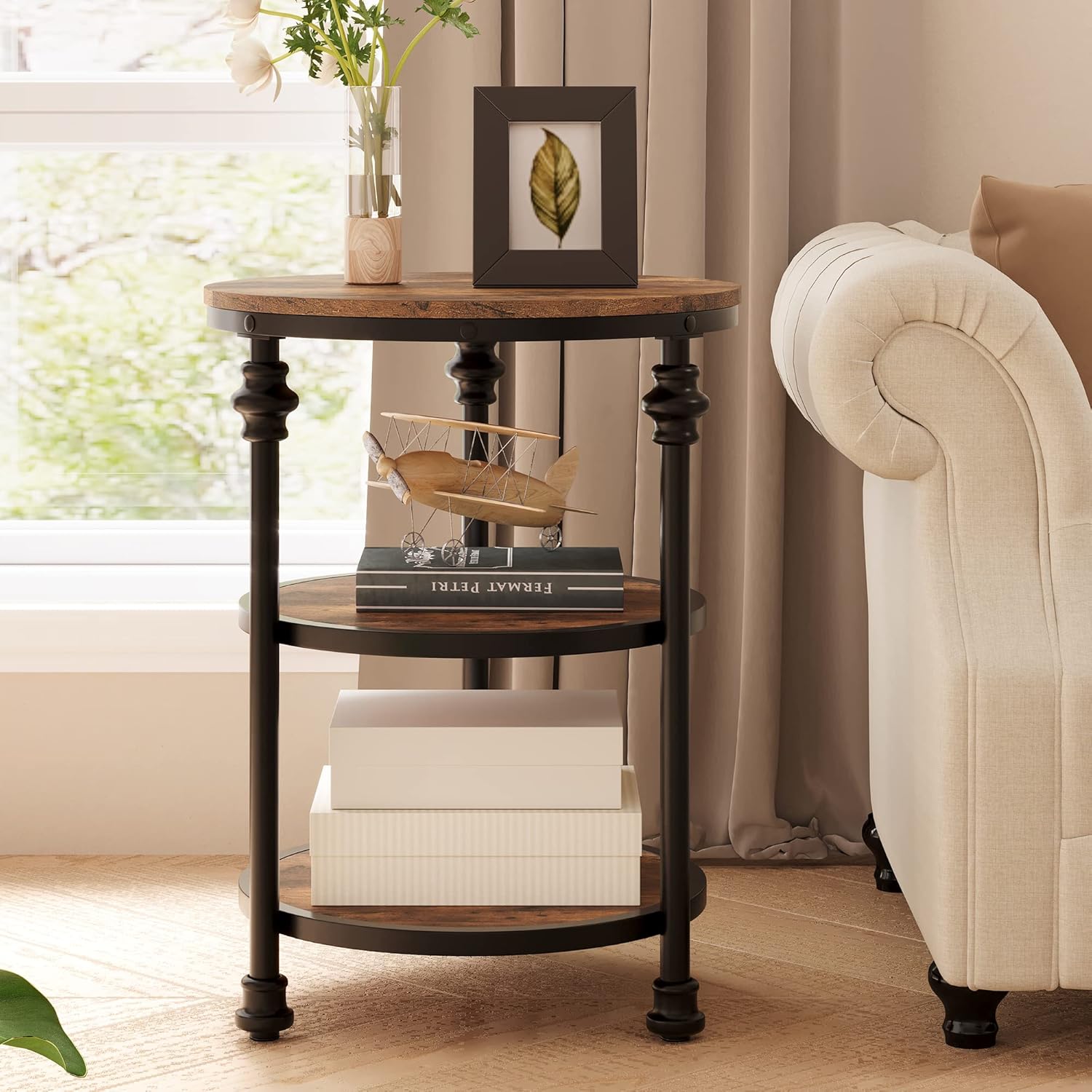 Garvee Round Side Table Small End Table with 3 Shelves for Living Room ...