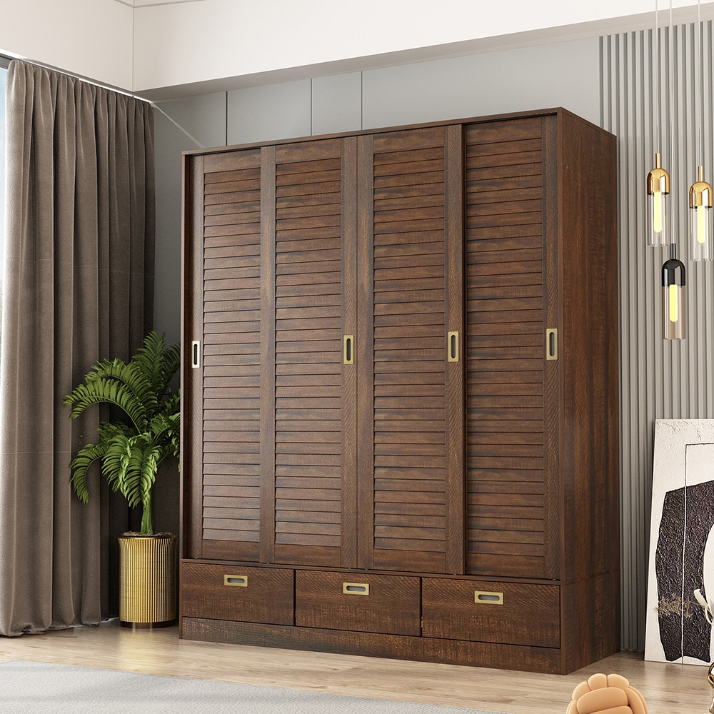 Homsee Spacious Brown Sliding Door Wardrobe with 3 Wide Drawers ...
