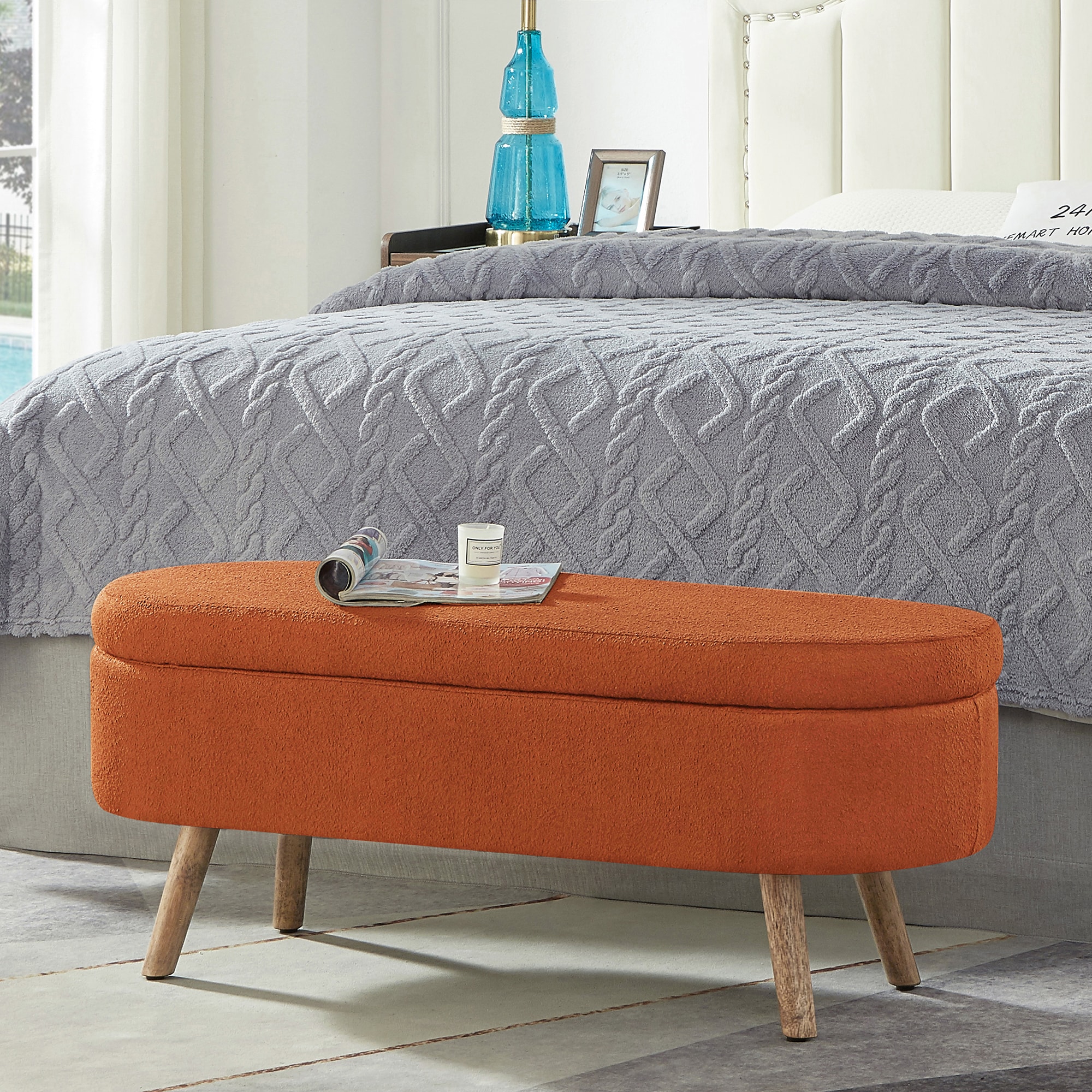 KTMBDW Oval Storage Bench 42-in Ottoman Bench Upholstered Boucle Fabric ...