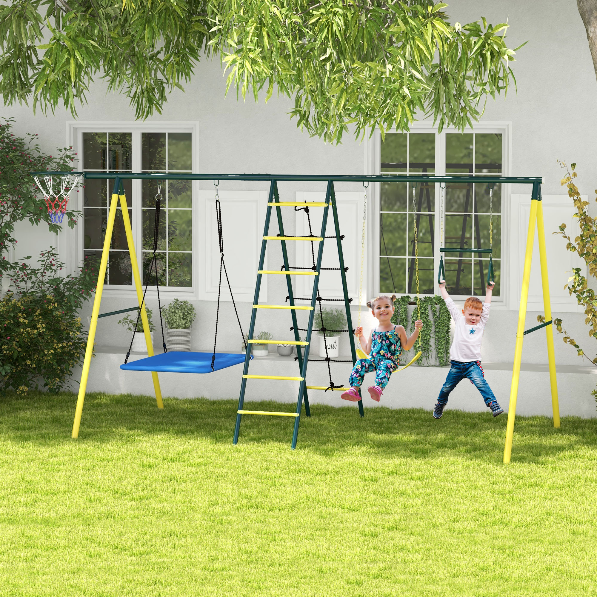 Outsunny Metal Swing Set for Backyard 5 in 1 Design with Nest Swing ...
