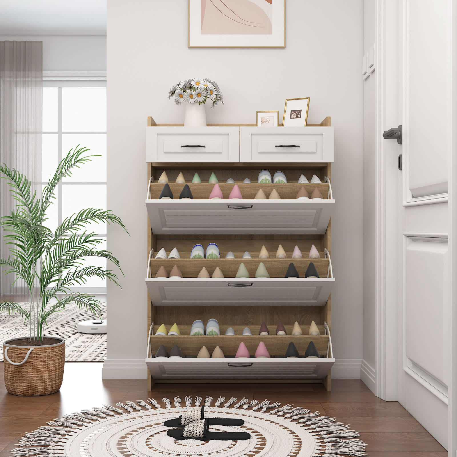 Aoibox modern white oak shoe cabinet three rotating drawers two storage ...