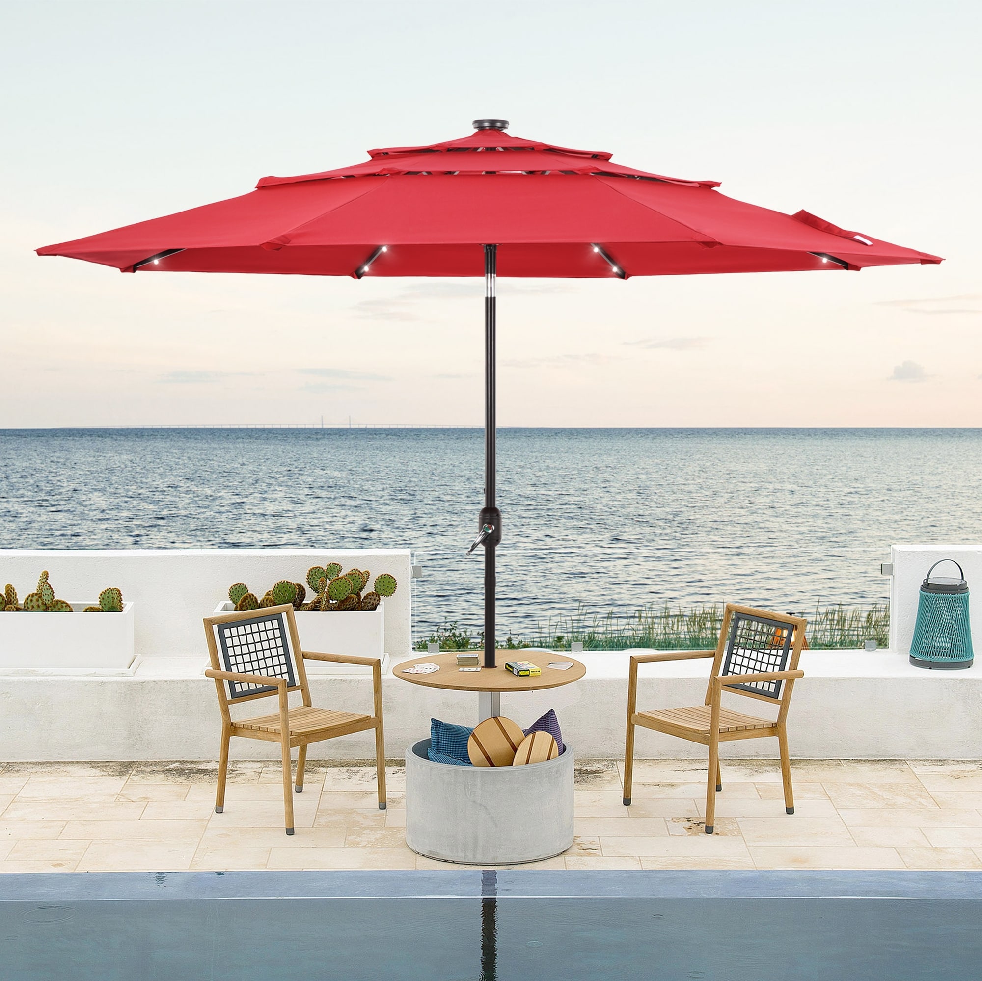 ACEGOSES 10 ft Steel Red Push button Tilt Market Patio Umbrella with Lights LW LED10RD at Lowes