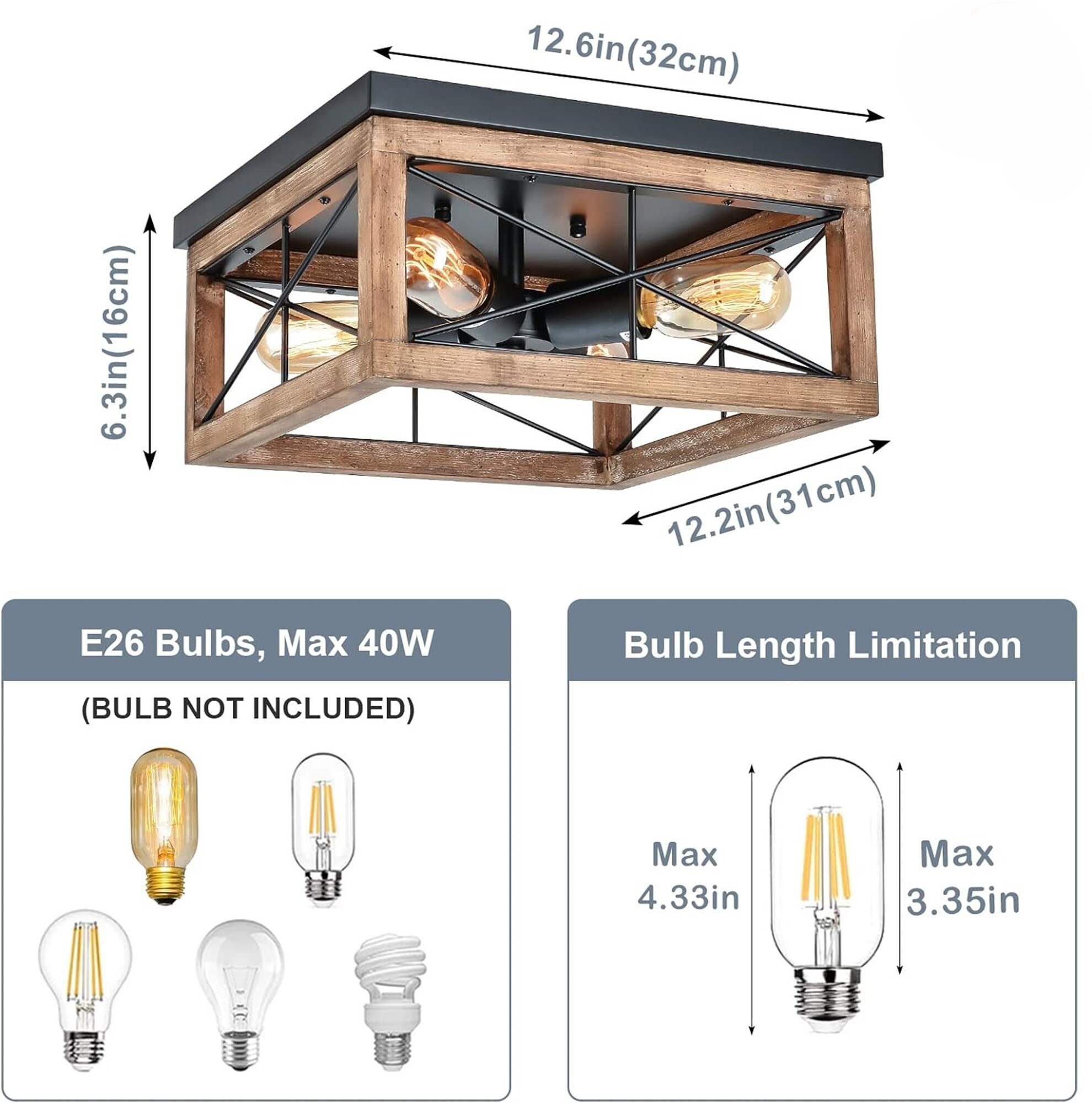 BABOOM Farmhouse Ceiling Lighting Fixture 4-Light 12.2-in Brown Flush ...