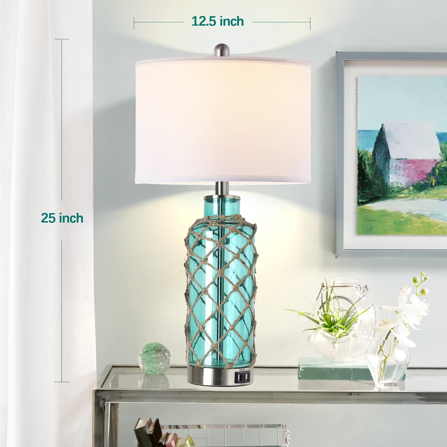 Oyezvary Set of 2 Coastal Blue Green Glass Rope Net Accent Table Lamps ...