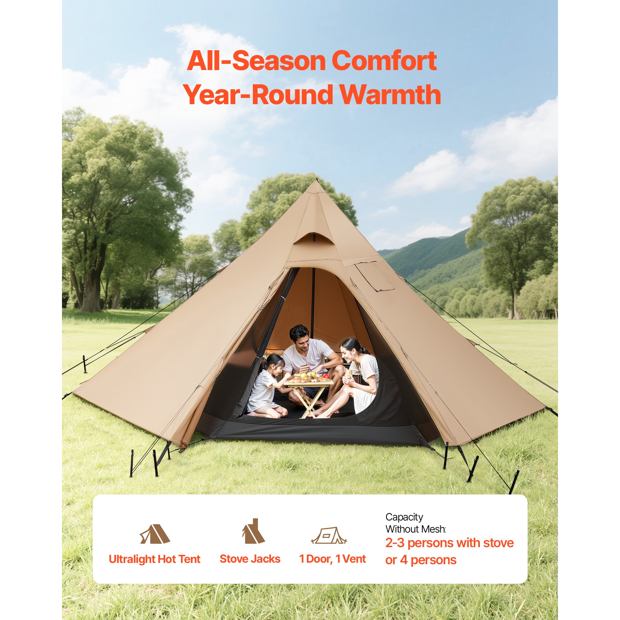 VEVOR Hot Tent for 4 Persons Camping Tipi Hot Tents with Stove Jack and ...