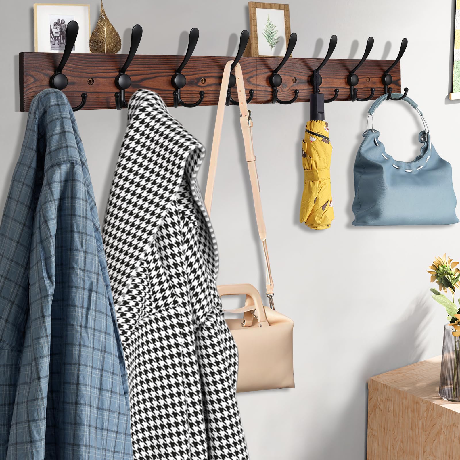 Wudkey 32.2 in. Wall Mounted Coat Rack with Shelf 8 Triple Hooks Rustic ...