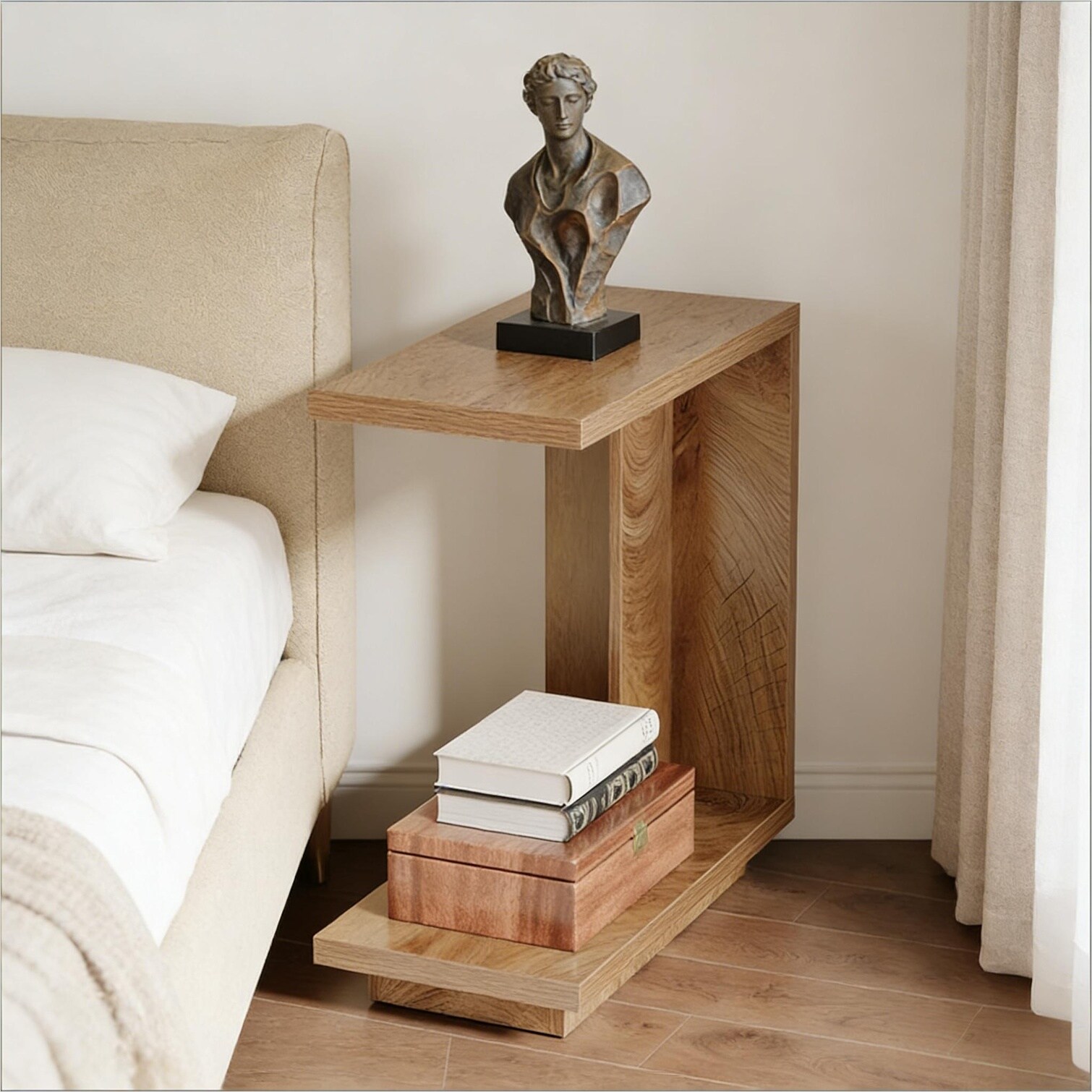 SunJet MDF C-shaped side table in brown-toned finish for space-saving ...
