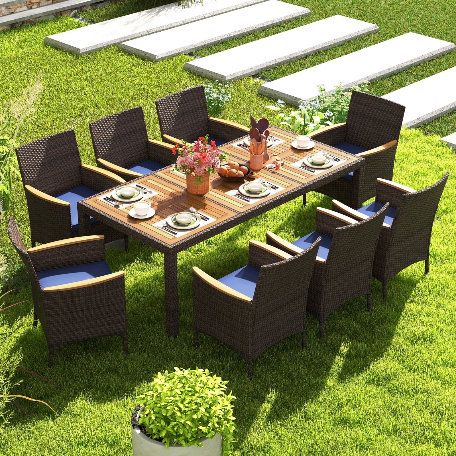 YERIVA 9 -Piece Mix Brown Wicker Patio Dining Set Wicker Rectangle ...