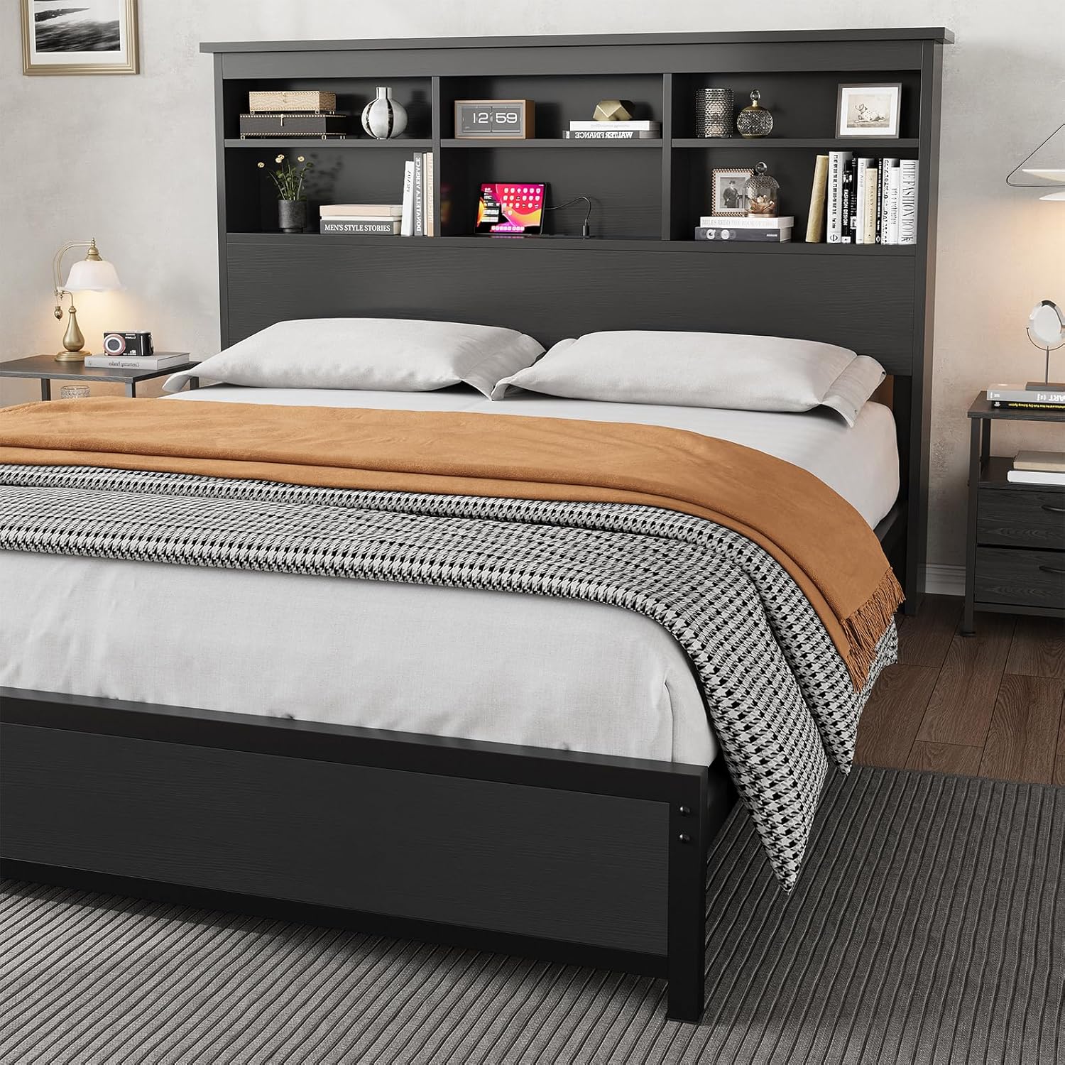 WhizMax Full Size Wooden Bed Frame with Bookcase Headboard Type c and ...