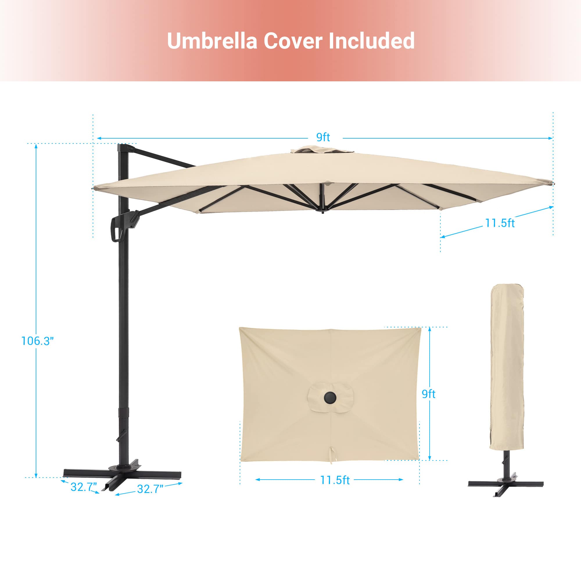 Aok Garden 11.5x9FT Rectangular Cantilever Umbrella with Cove and Base ...