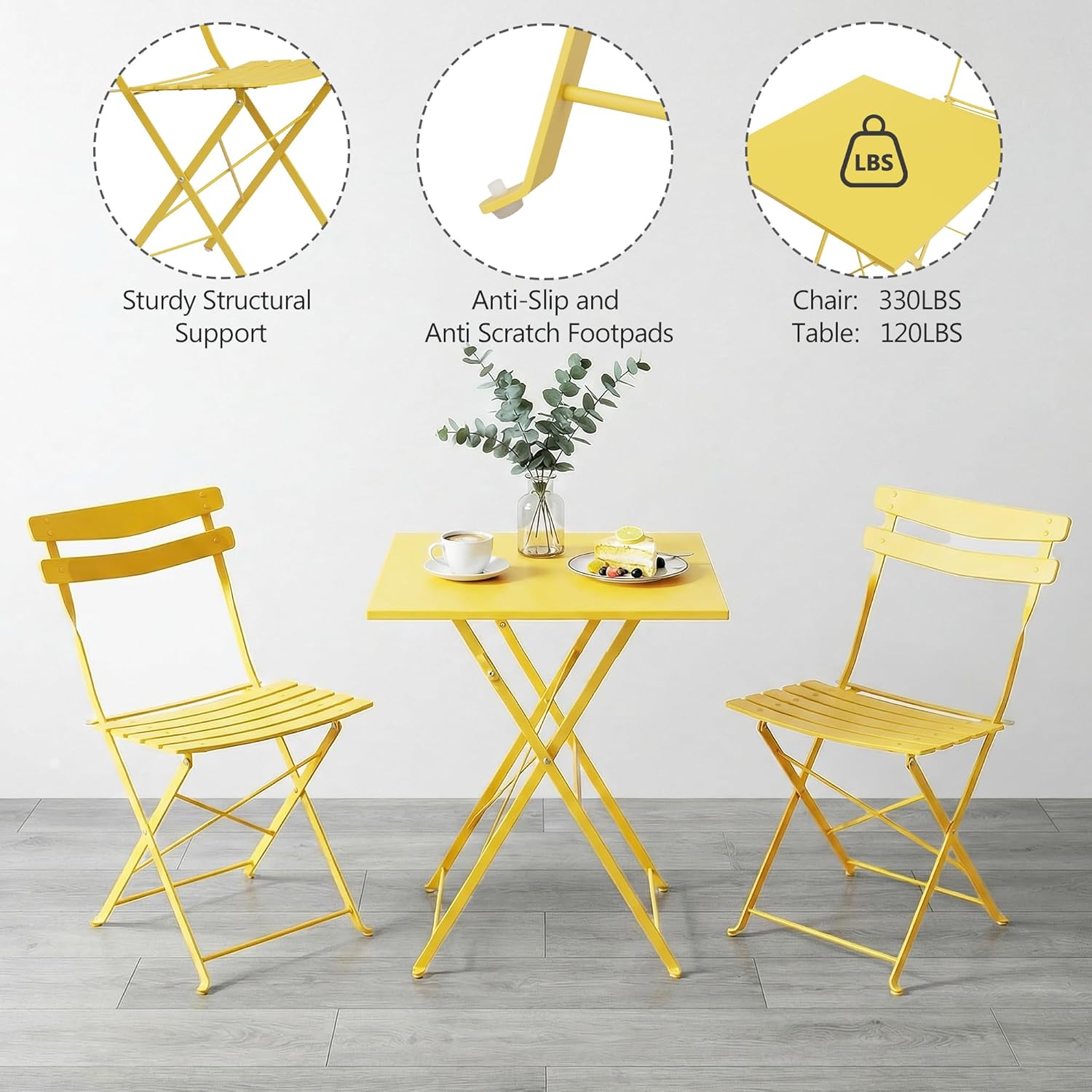 GAOMON 3-Piece Outdoor Square Patio Bistro Set- Sturdy Iron Frame Table ...