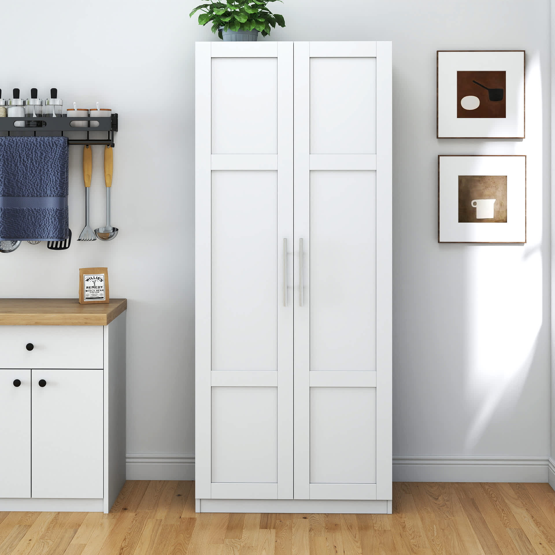 Vynxaria White Pantry Cabinet 2 Doors 3 Shelves Freestanding Storage ...