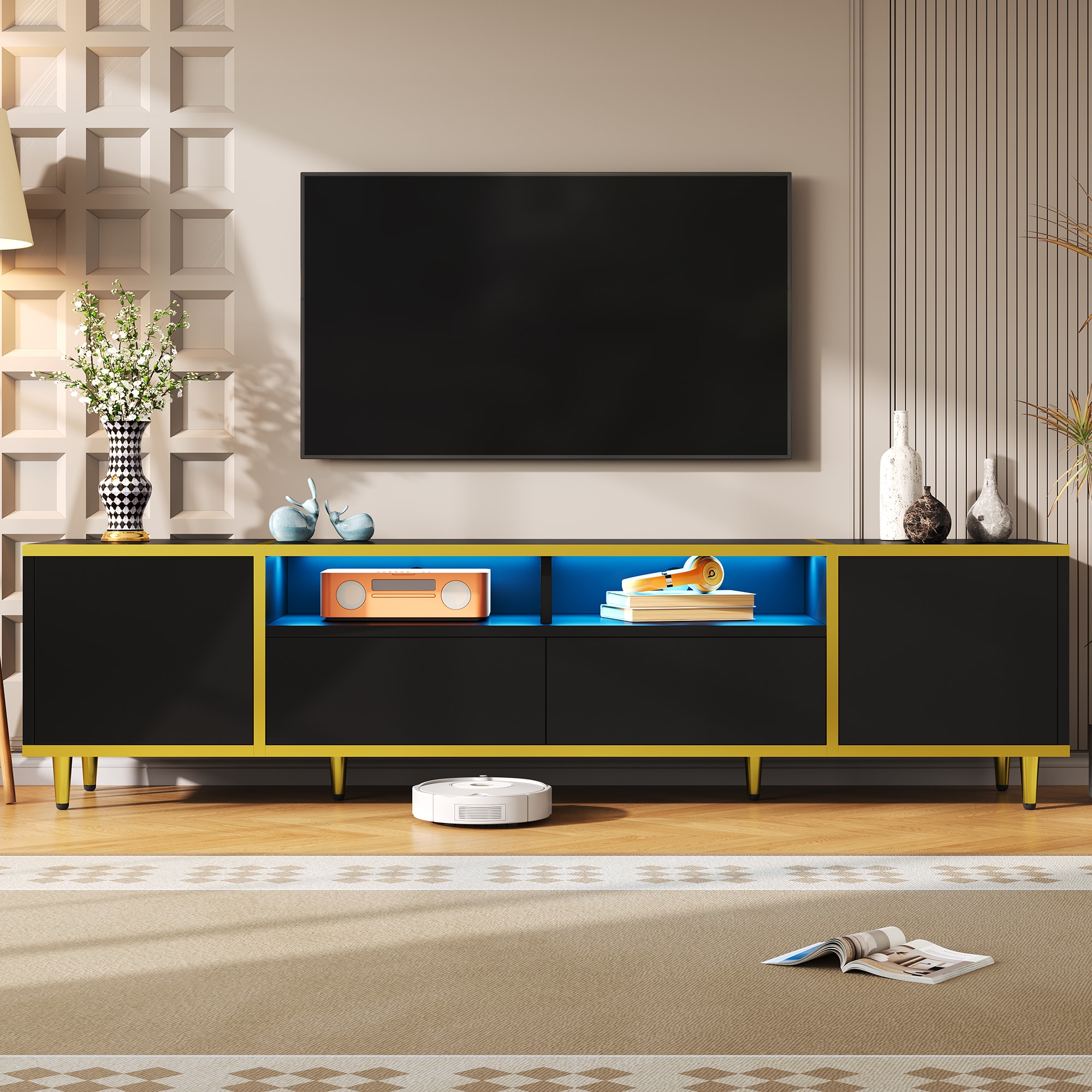 Clihome Entertainment Center with LED Lights Modern/Contemporary Black ...