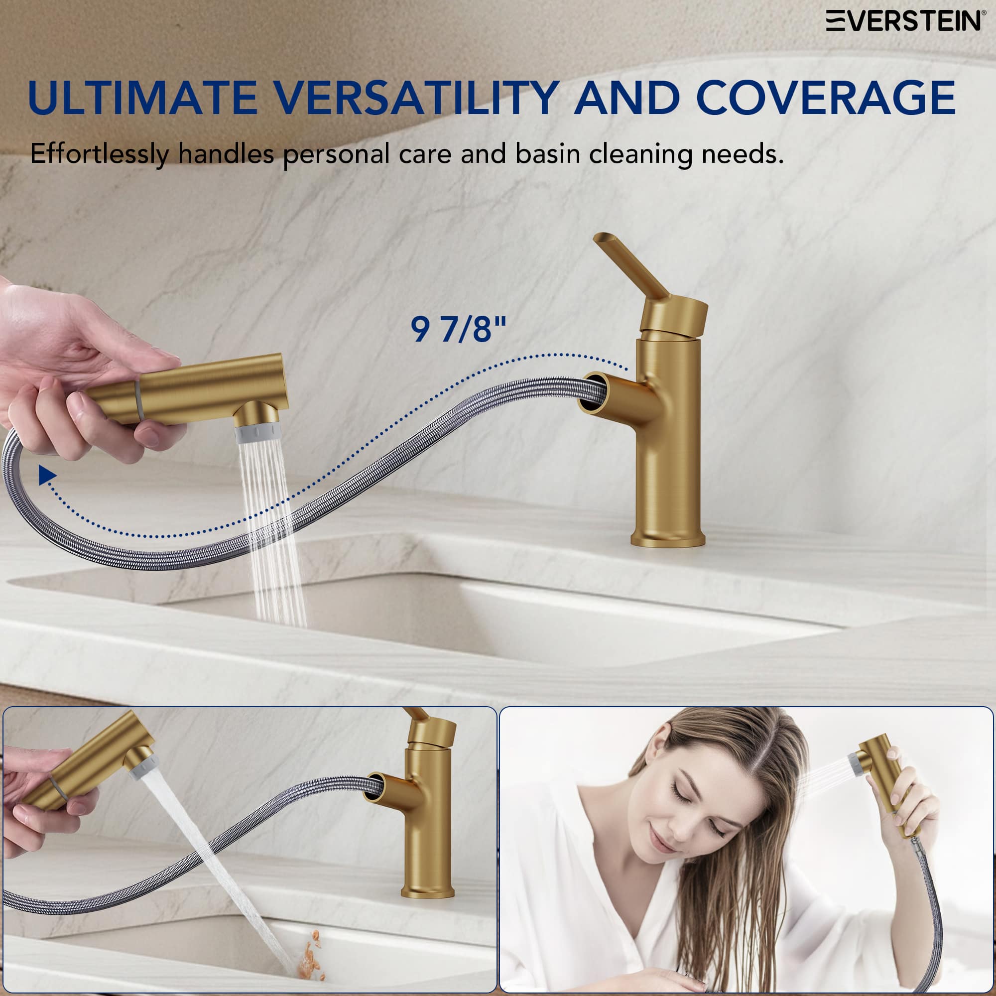 EVERSTEIN Brushed Gold Pull-Out Bathroom Faucet Single Handle Bathroom ...