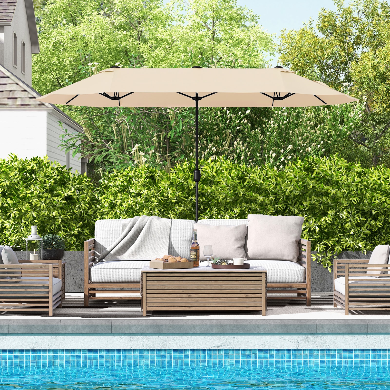 Forclover 13-Feet Steel Beige Crank Market Patio Umbrella with Base in ...