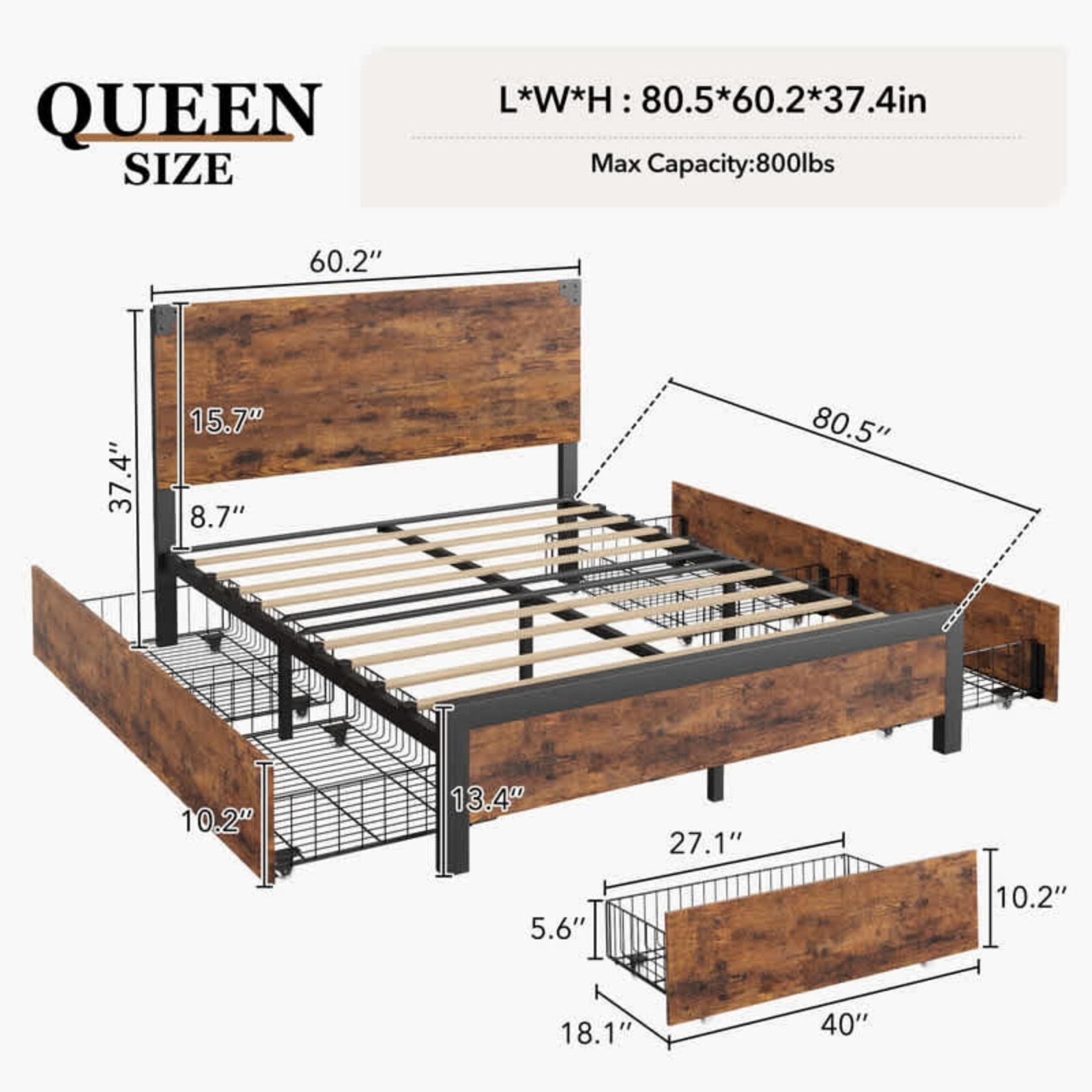 Garvee Queen Brown Bed Frame with 4 Drawers and Headboard Rustic ...