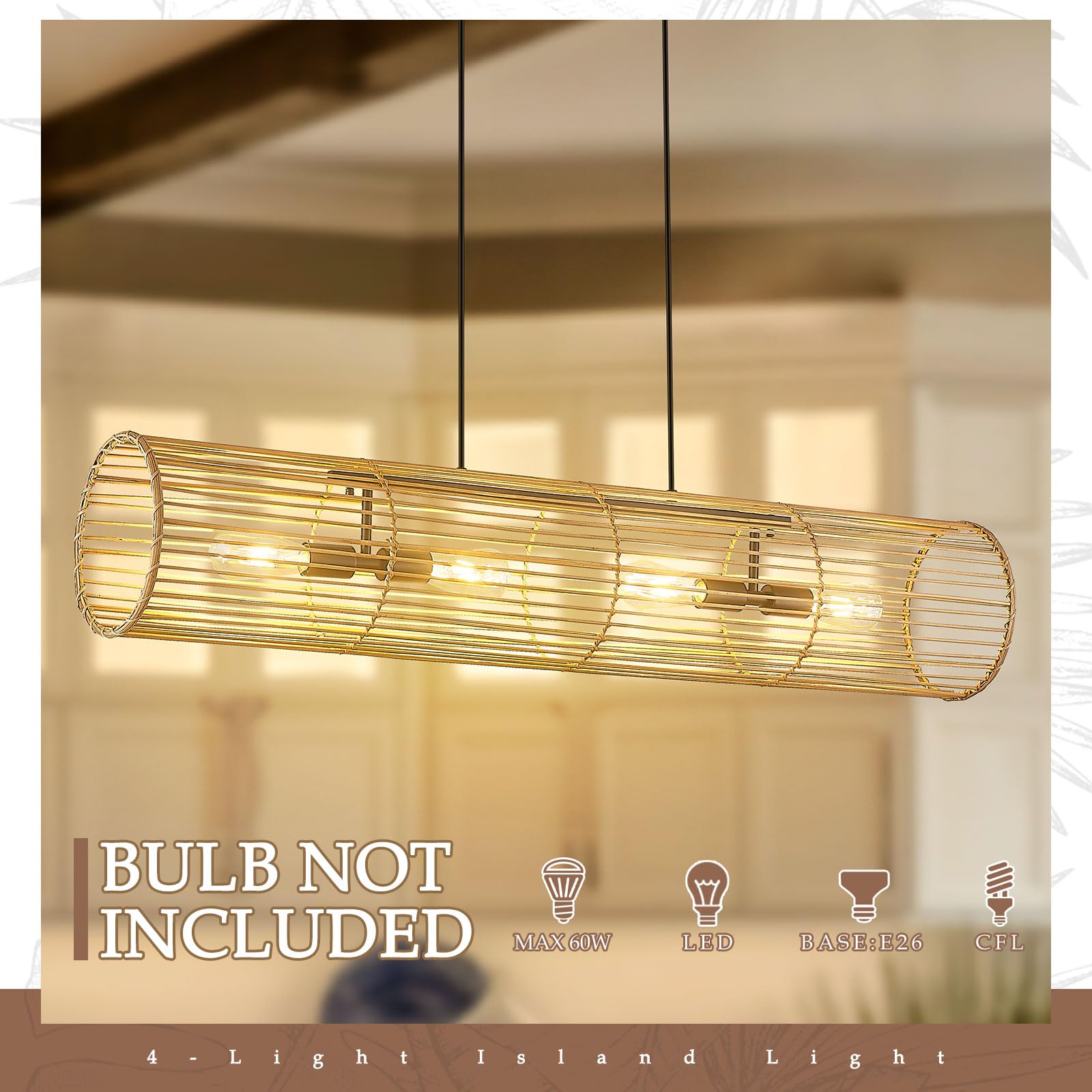 LTMATE JAZAVA 4-Light Black and Rattan Bohemian/Global Linear LED Large ...