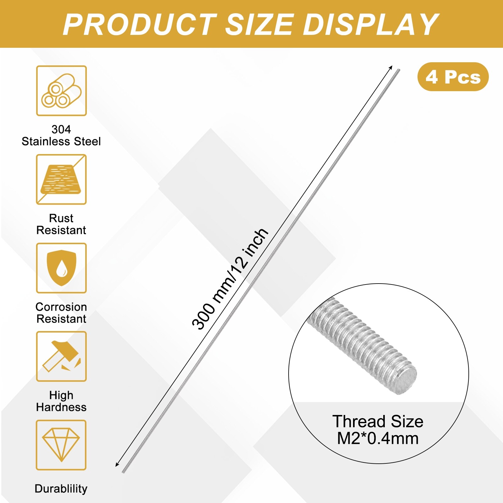 Unique Bargains 4pcs Fully Threaded Rod M2 x 0.4mm Pitch 304 Stainless ...