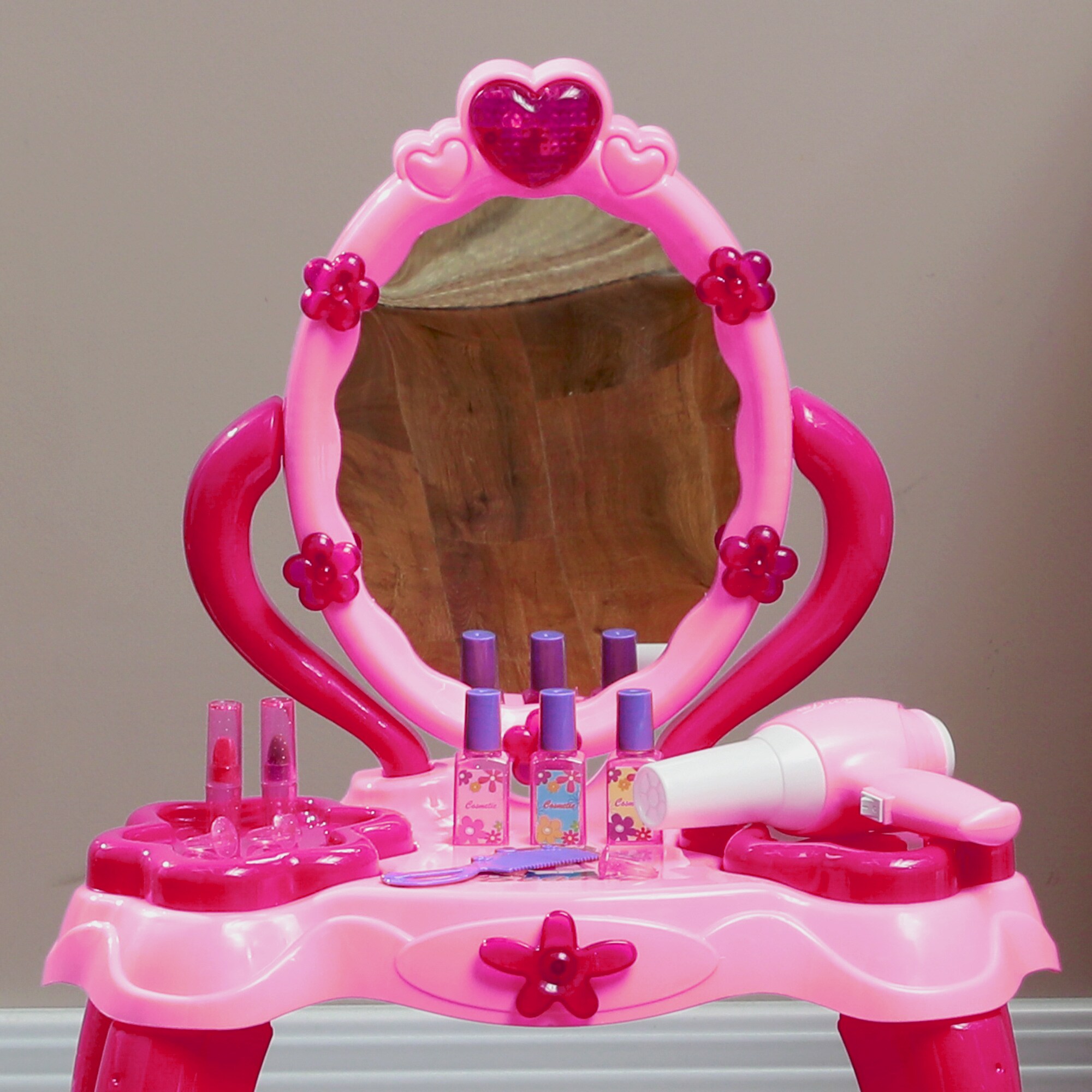 Qaba Kids Vanity Set with Mirror and Stool Girls Makeup Table with ...