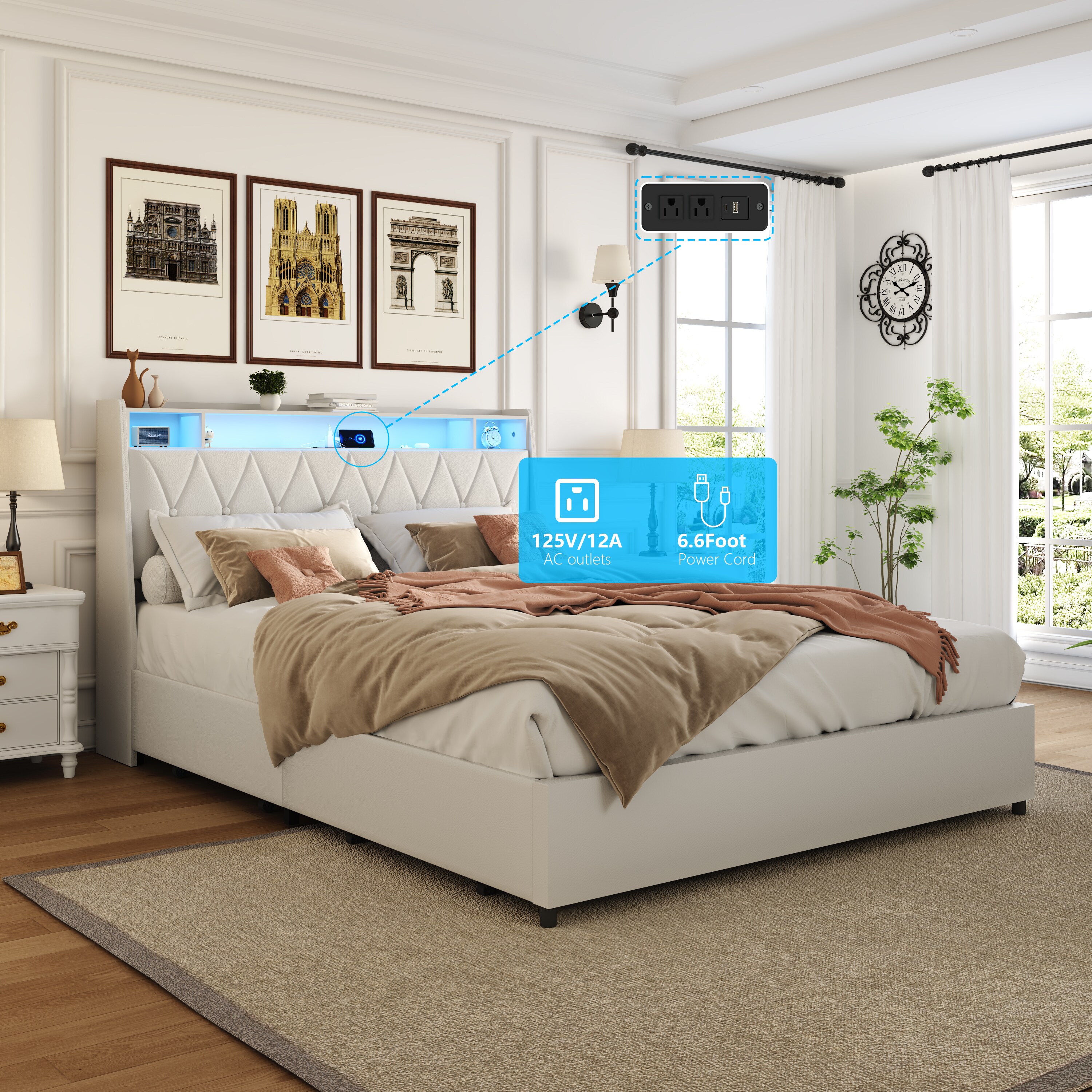 Bybafun Full White Metal Bed Frame Storage with Headboard in the Beds ...